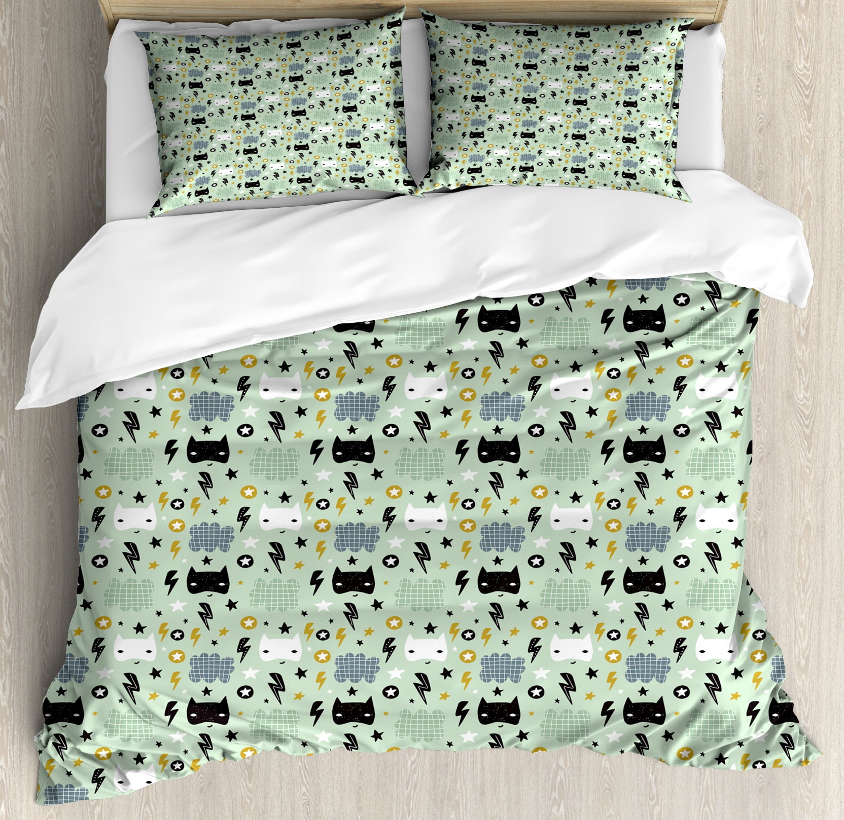 Cartoon Duvet Cover Set, Super Hero Stars Clouds Boys Absurd Fun Grid ...