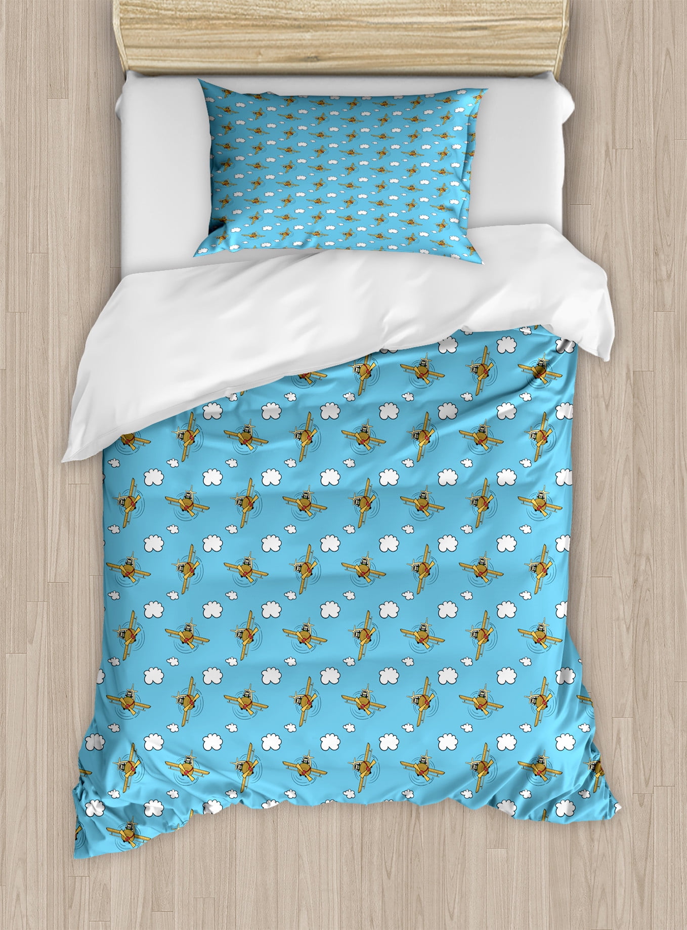 Cartoon Duvet Cover Set, Themed Pattern of Clouds and Flying Plane with ...