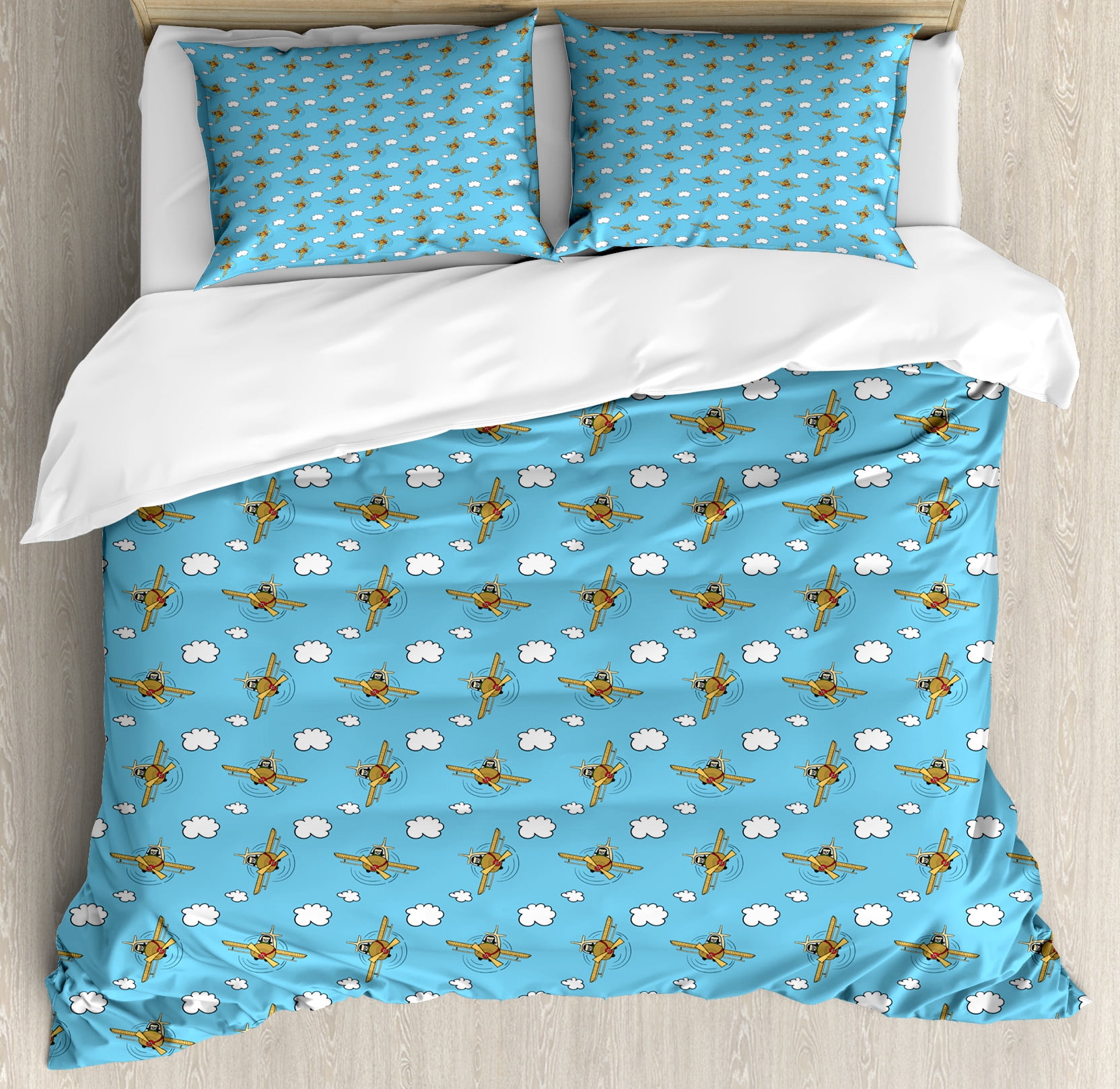 Cartoon Duvet Cover Set, Themed Pattern of Clouds and Flying Plane with ...