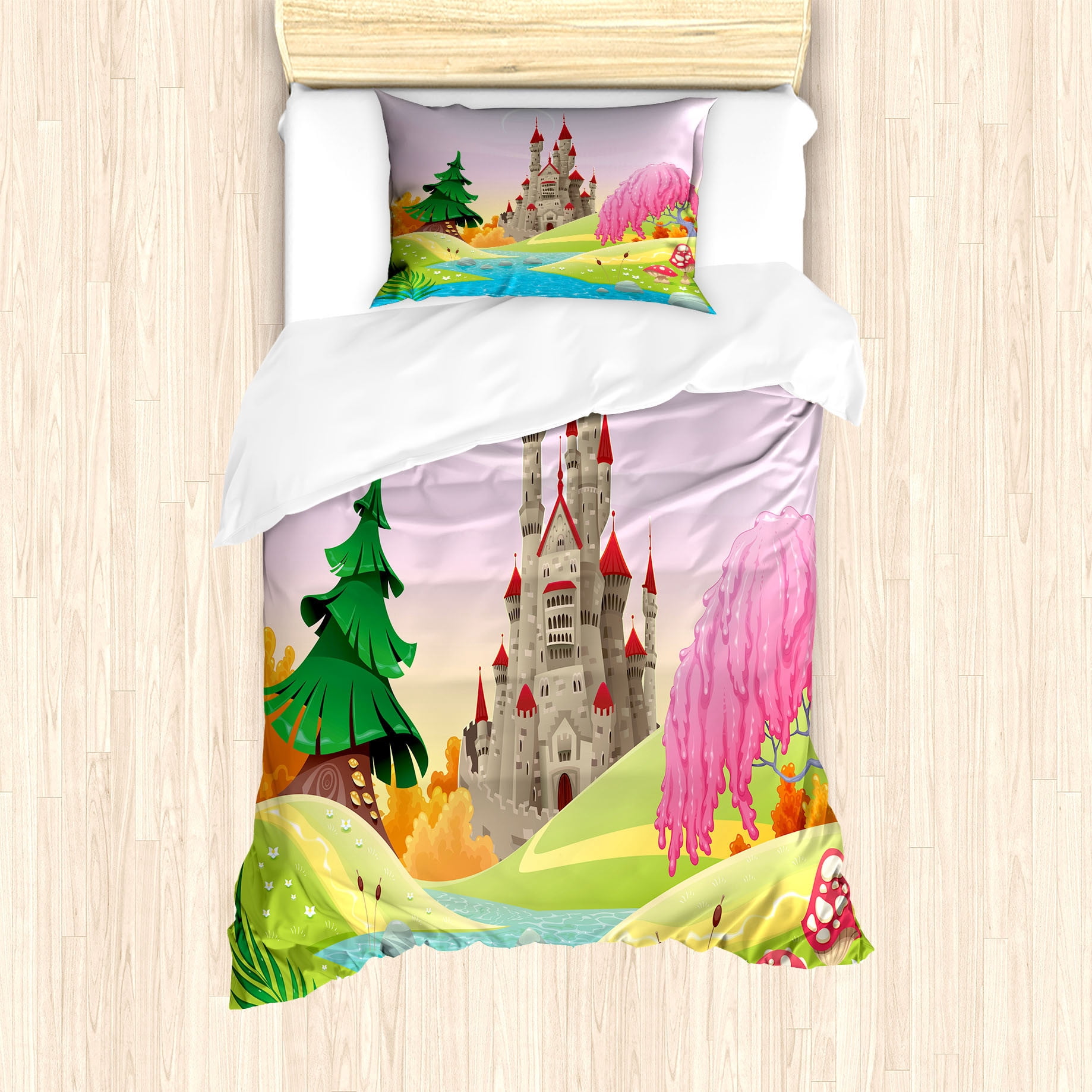 Cartoon Duvet Cover Set, Themed ish Graphic with Castle in Dreamy ...