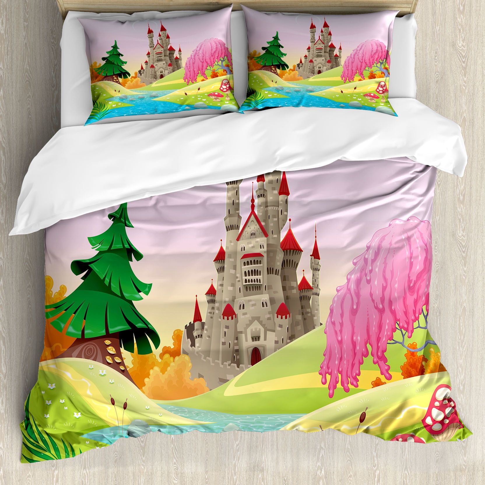 Cartoon Duvet Cover Set, Themed ish Graphic with Castle in Dreamy ...