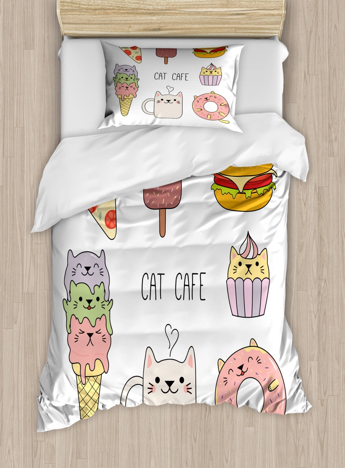 Cartoon Duvet Cover Set Twin Size, Cats Cafe Hand Drawn in Food ...