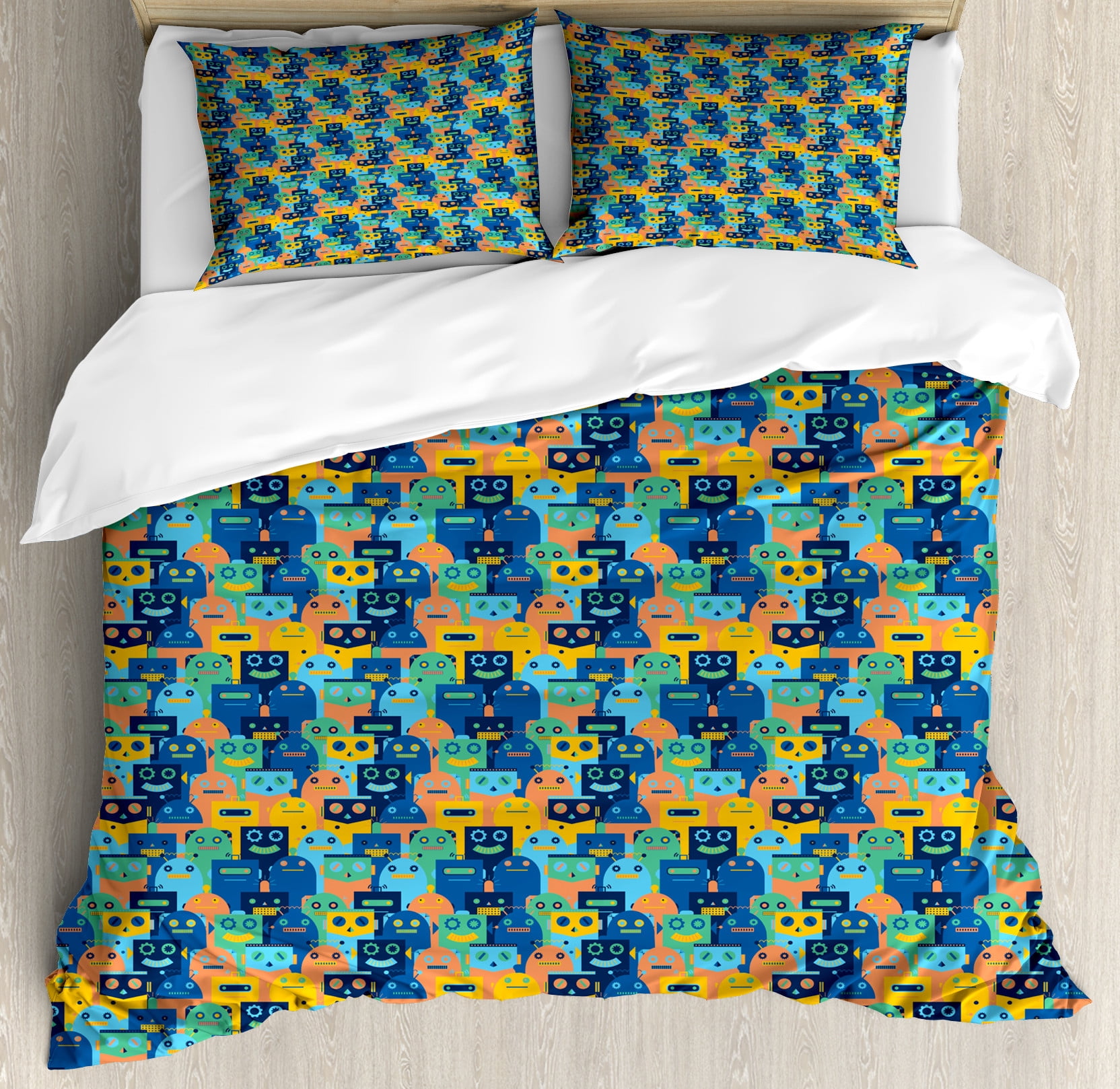 Cartoon Duvet Cover Set, Vintage Robots Space Fiction Comic Cyborg ...