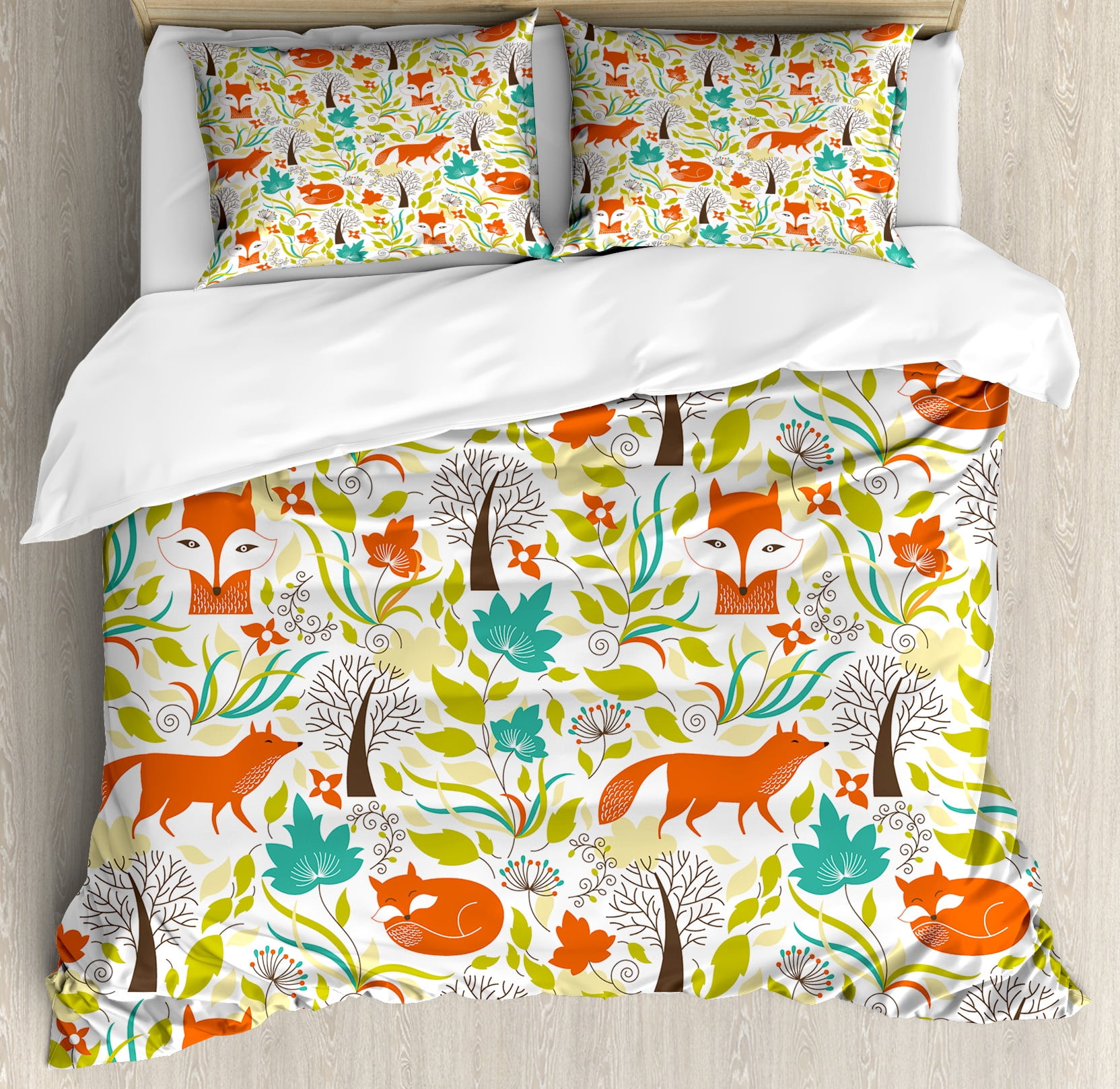 Cartoon Duvet Cover Set, Wild Fox Wolf with Leaves Flowers and Leafless ...