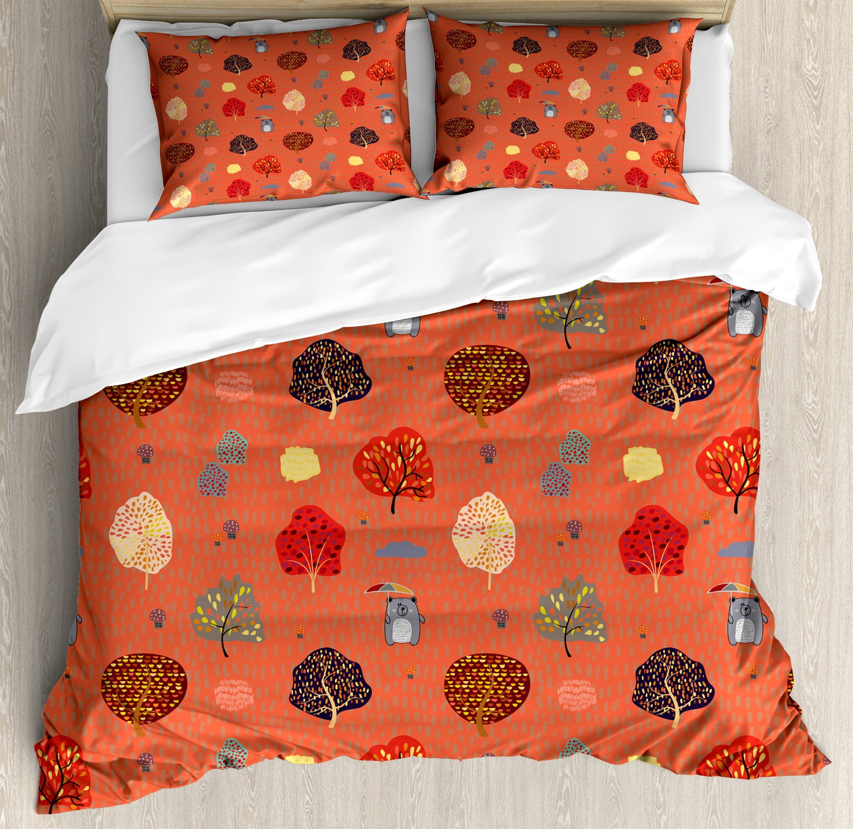 Cartoon Duvet Cover Sets, Bear Holding Umbrella in a Rainy Autumn ...