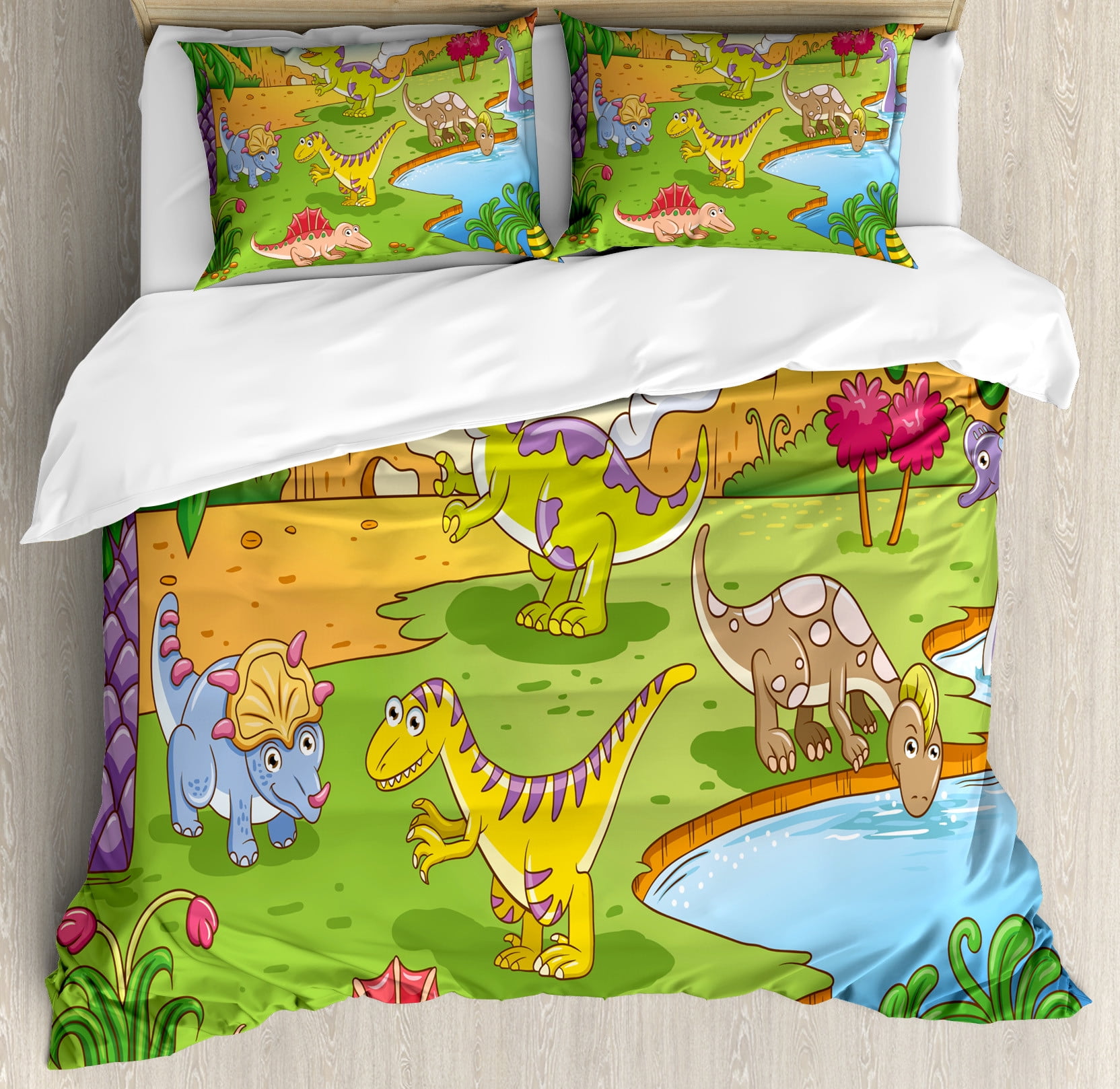 Cartoon Duvet Cover Sets, Style Animals in Prehistoric Scene Meadow ...