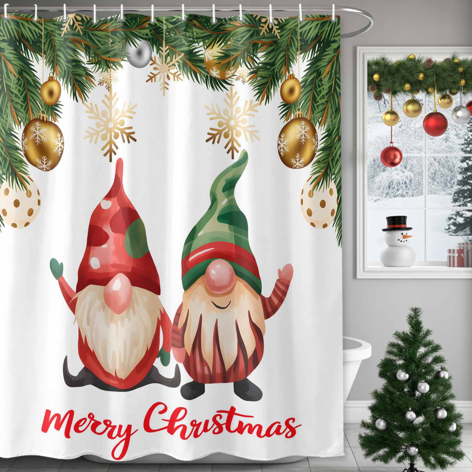Cartoon Dwarf Christmas Snowflake Bells Shower Curtain for Bathroom ...
