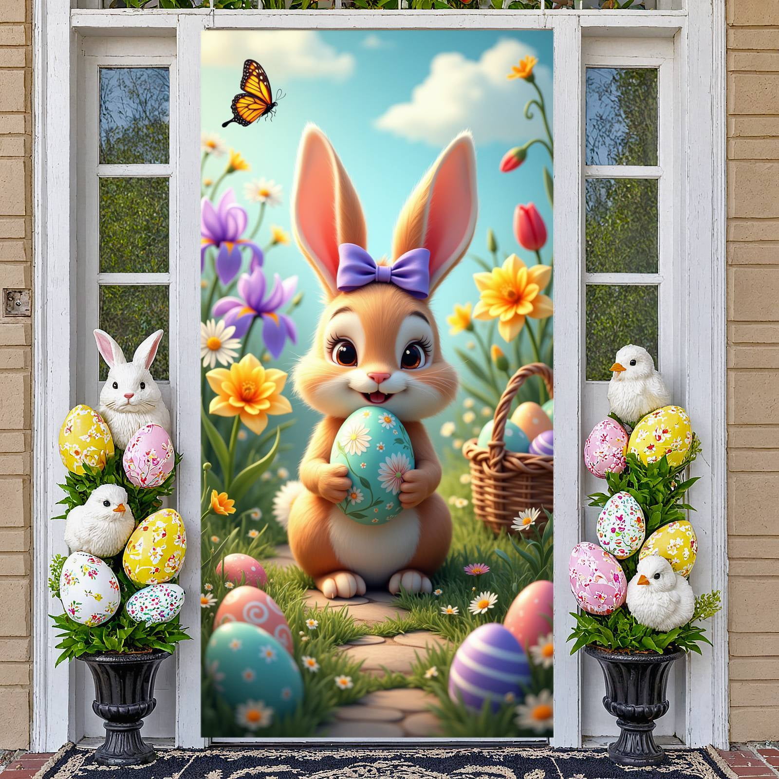 Cartoon Easter Bunny Banner Blue Bow Tie Rabbit Door Cover Pink Polka ...