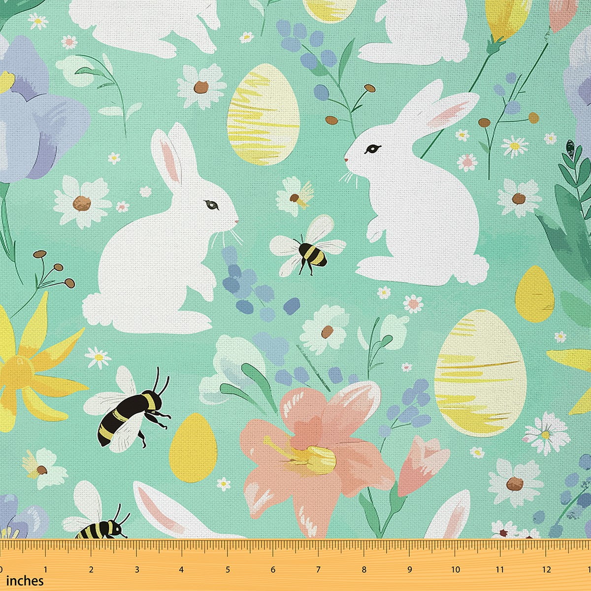Cartoon Easter Fabric By The Yard, Bees Rabbits Pattern Indoor Outdoor ...