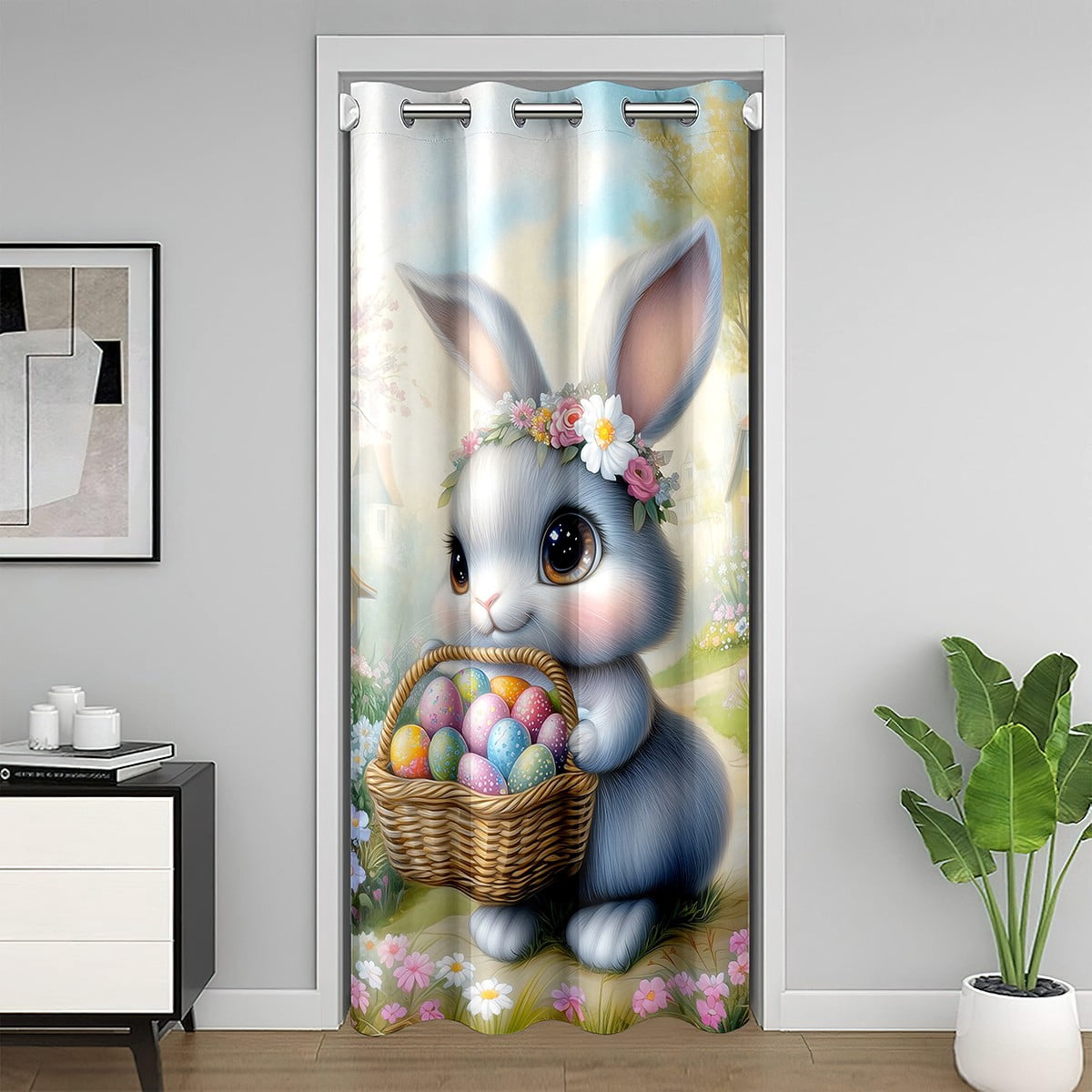 Cartoon Easter Rabbit Door Curtain 34"Wx80"L Colorful Eggs Natural Wild ...
