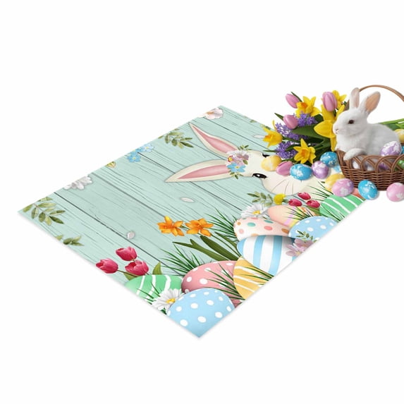 Cartoon Easter Rabbits Door Mat Animal Egg Floral Leaf Teal Wood Grain ...