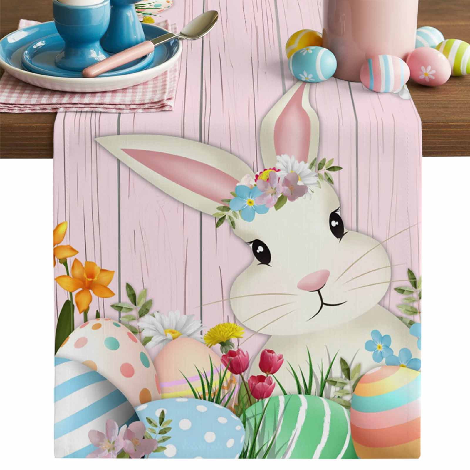 Cartoon Easter Rabbits Table Runner, Animal Egg Floral Leaf Pink Wood ...
