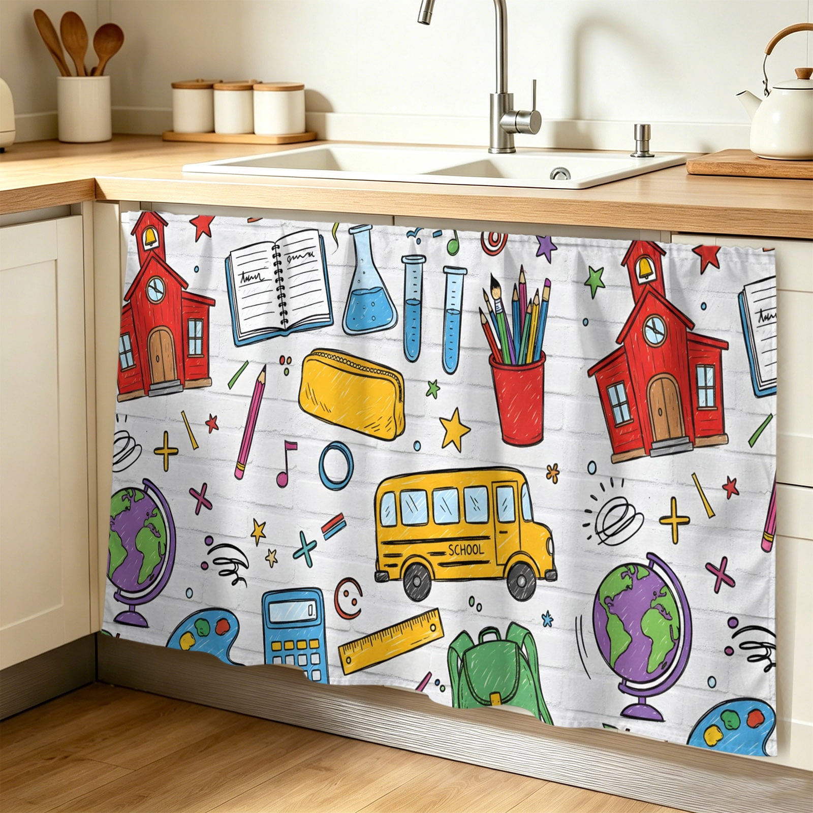 Cartoon Educational Elements Cabinet Curtain 28"W x 51"L, Modern Art ...