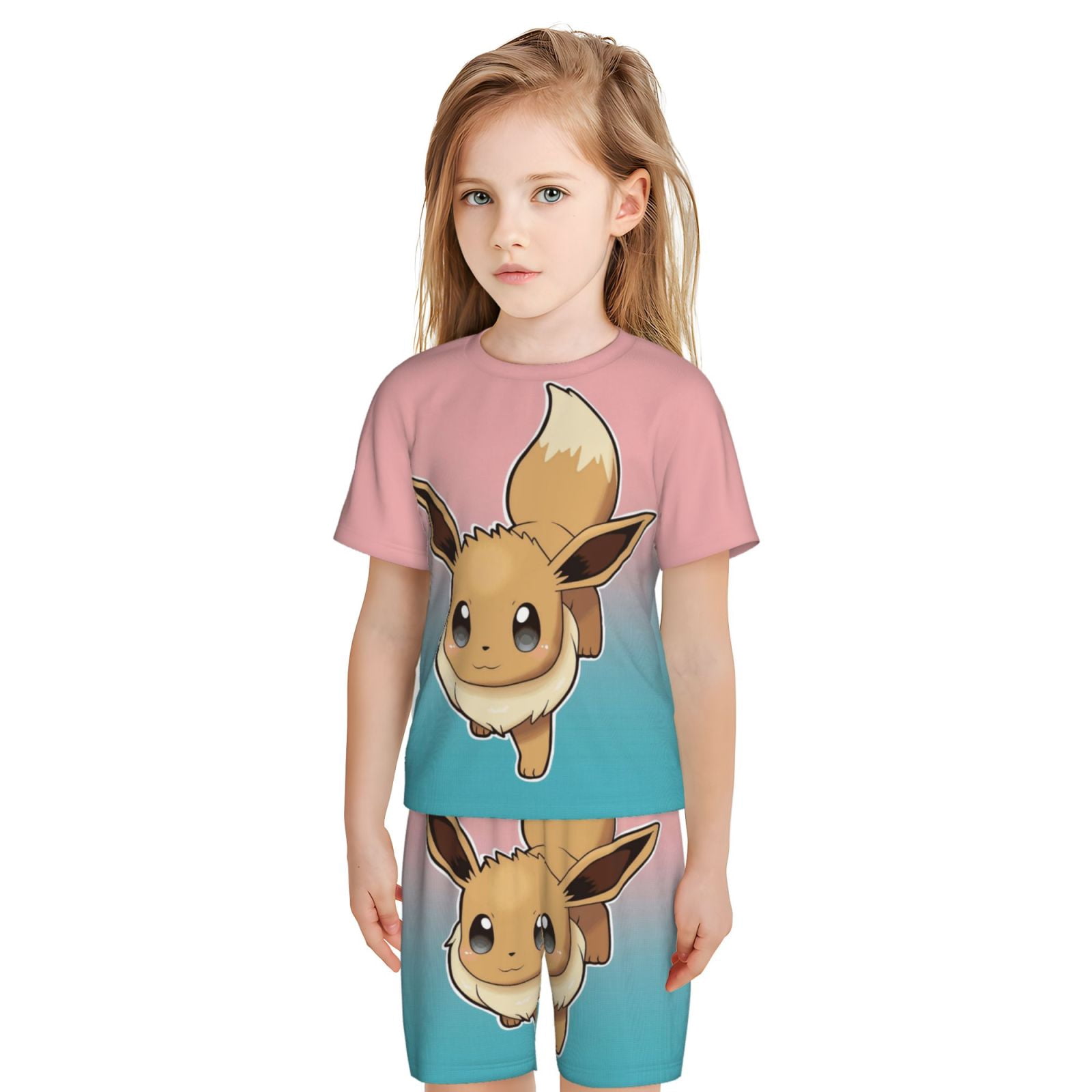 Cartoon Eevee Cute Kids Pajamas Set Summer Short Sleeve 2-Piece Pjs Set ...