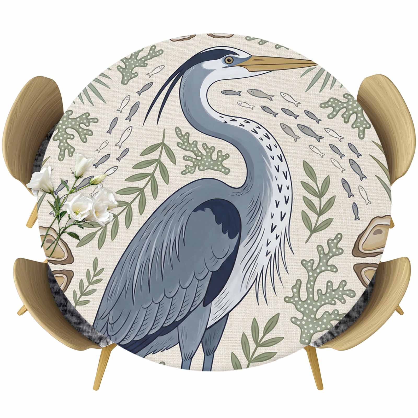 Cartoon Egret Round Tablecloth 55-60 Inch Round Fitted Table Cloth with ...