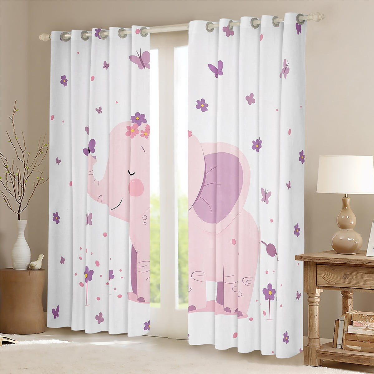 Cartoon Elephant 30%-50% Blackout Curtains Purple Flower Print (42Wx90L ...