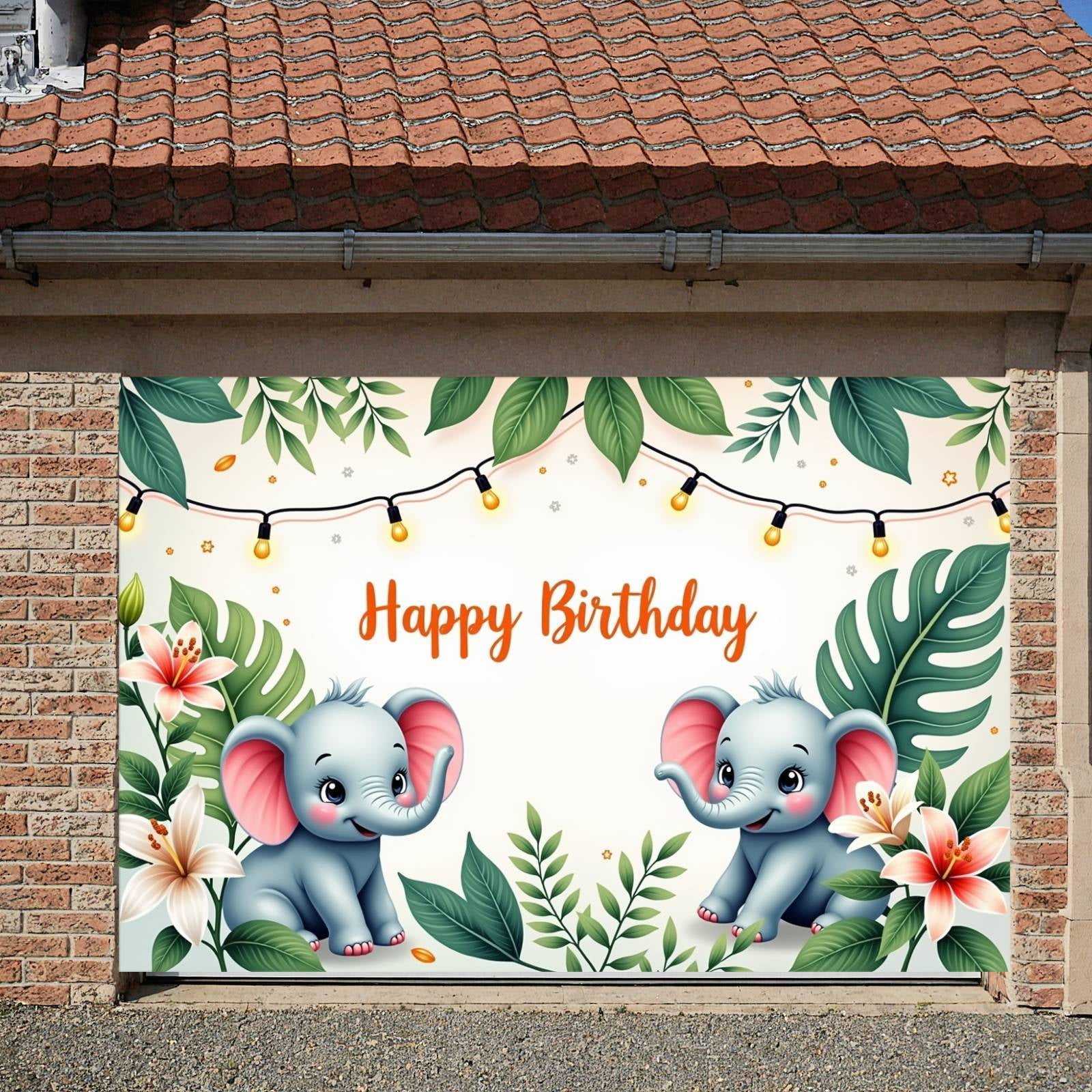 Cartoon Elephant Banner Tropical Leaves Jungle Birthday Display Floral ...