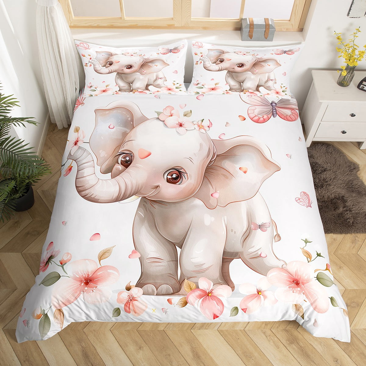 Cartoon Elephant Comforter Cover Twin Size,Cherry Blossoms Bedding Set ...