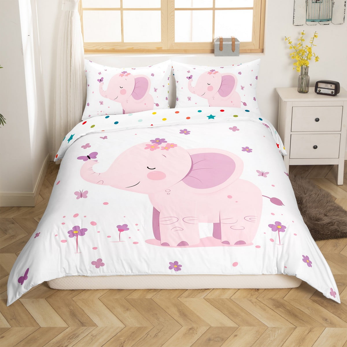 Cartoon Elephant Comforter Cover Queen Size Purple Flower Print Duvet ...