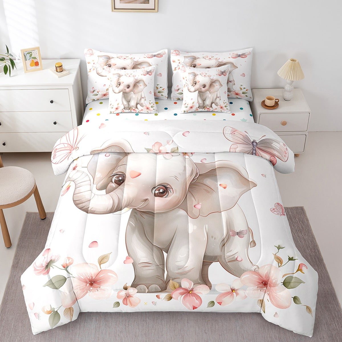 Cartoon Elephant Comforter Set Queen Size,Cherry Blossoms 7-Piece ...