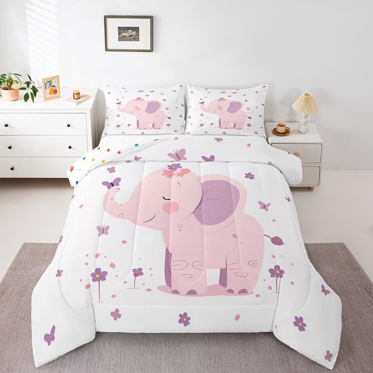 Cartoon Elephant Comforter Set Purple Flower Print Toddler Down ...