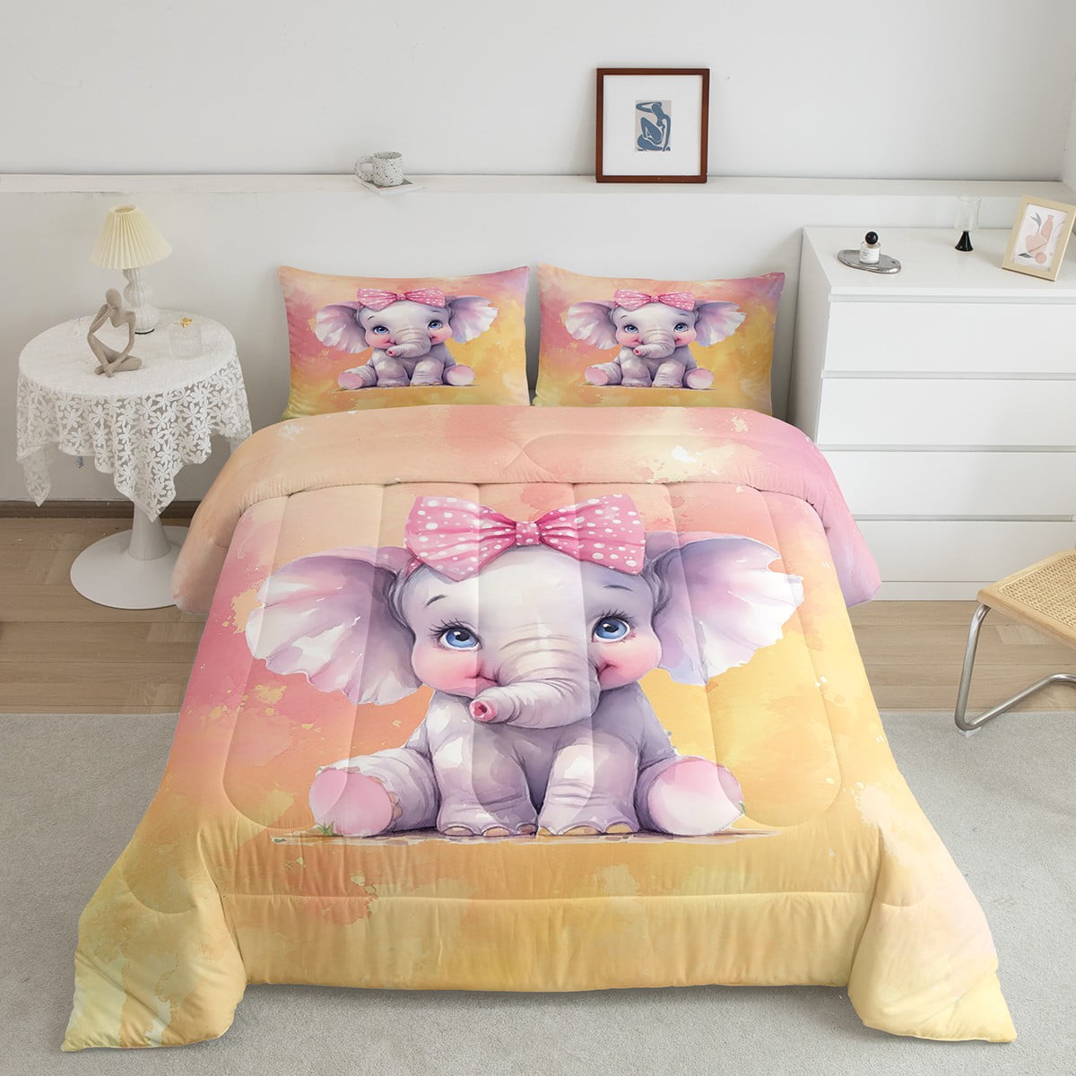 Cartoon Elephant Comforter Set Queen Size Kawaii Girly Bowknot Bedding ...