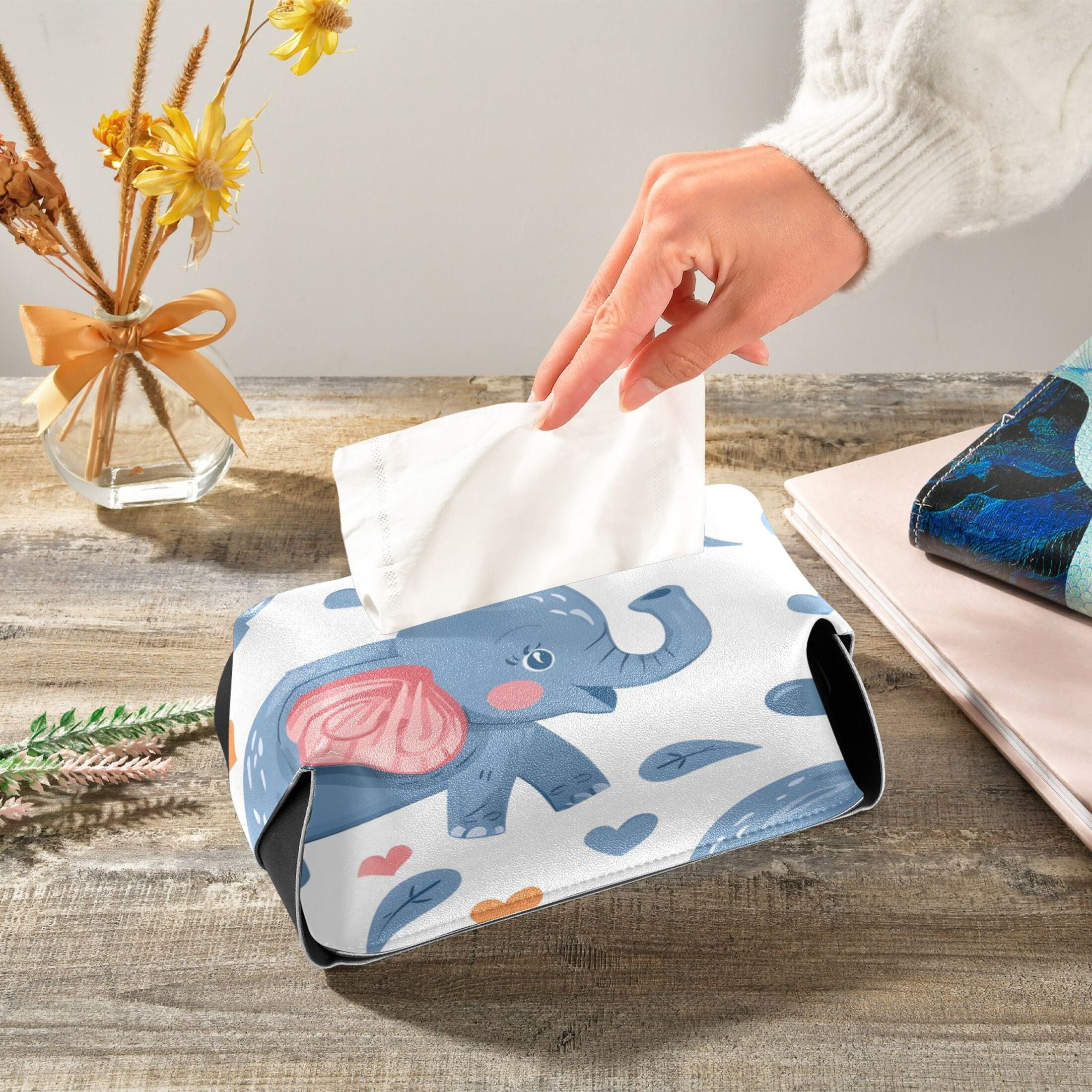 Cartoon Elephant Cute Hearts Leather Tissue Box Cover Rectangle Tissue ...