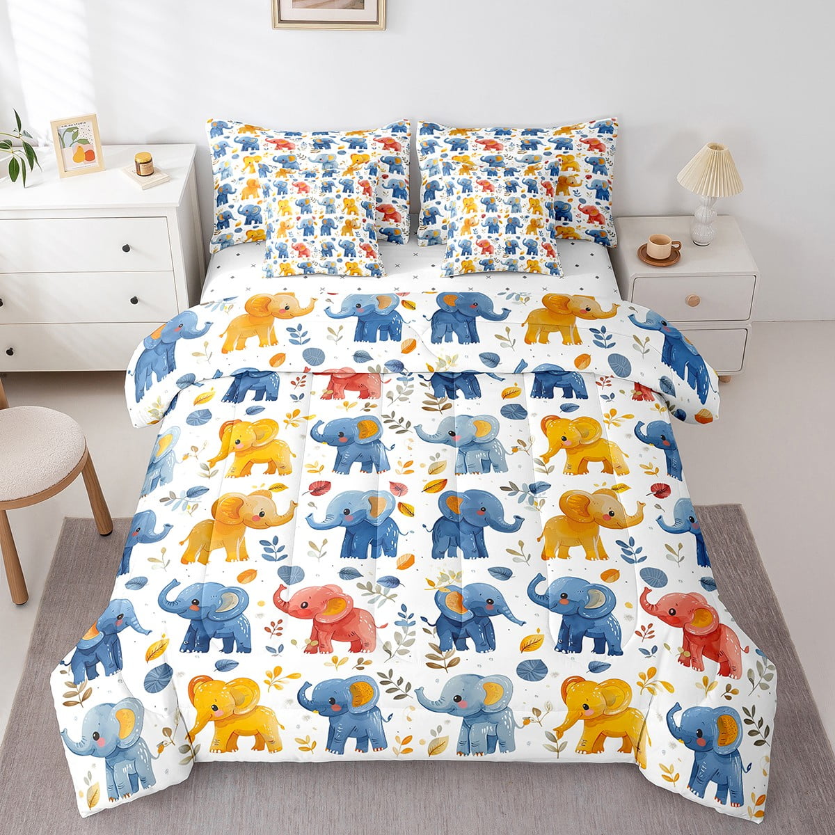 Cartoon Elephant Full Comforter Set 7-Piece Elephant Printed Bedding ...