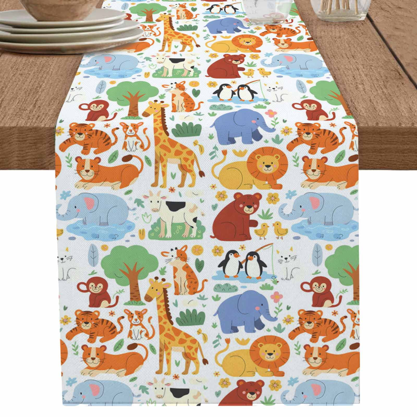 Cartoon Elephant Lion Tiger Cat Water Table Runner-70 Inch Long Summer ...