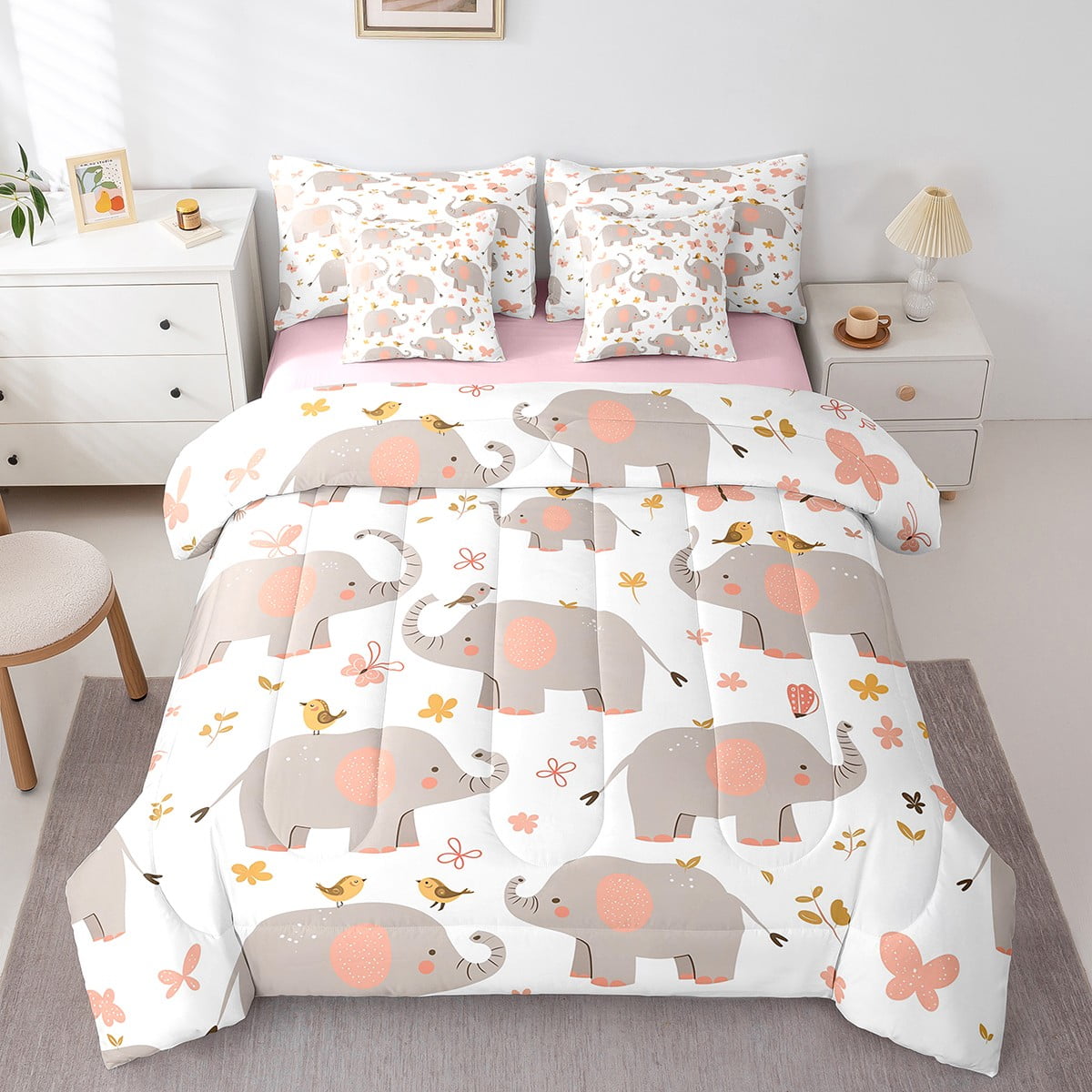 Cartoon Elephant Queen Bed in a Bag 7 Piece Cute Animal Elephant ...
