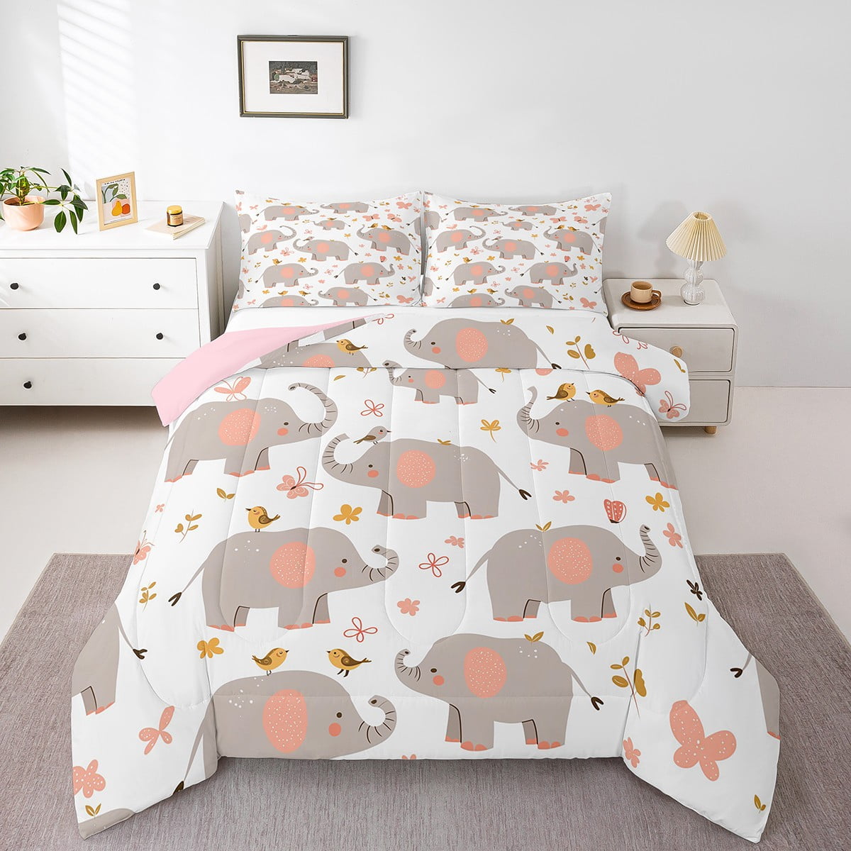 Cartoon Elephant Queen Comforter Set Cute Animal Elephant Bedding Sets ...