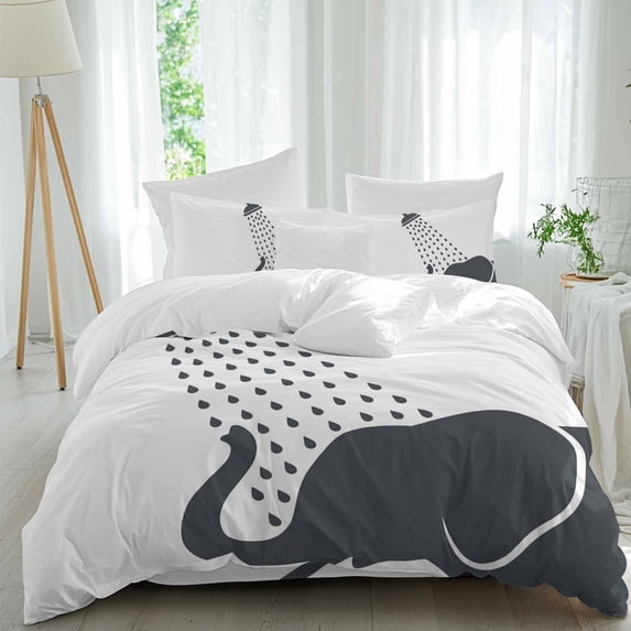 Cartoon Elephant Queen Size Bed Set,Funny Grey White Animal Pattern ...