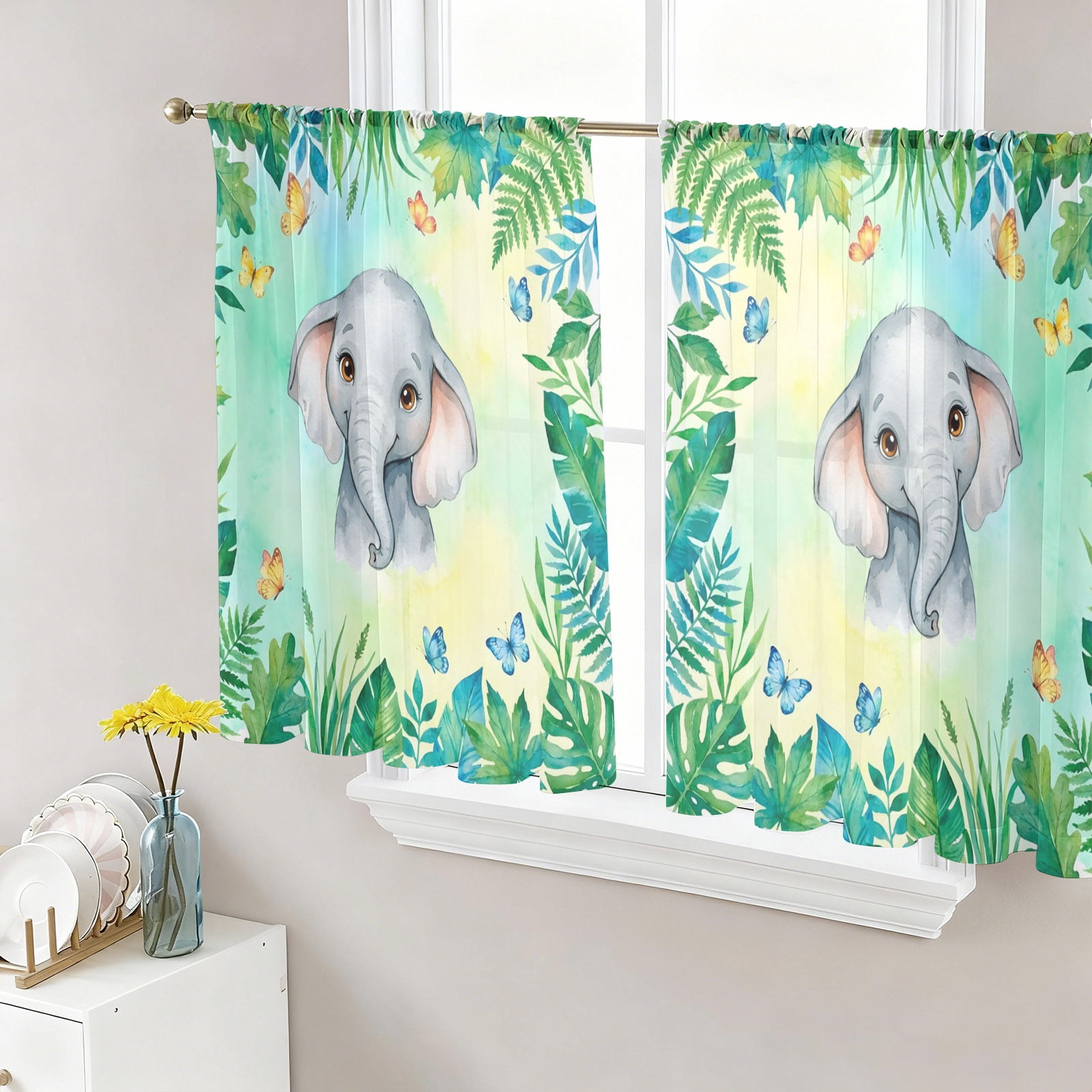 Cartoon Elephant Sheer Curtains for Living Room Bedroom Summer ...