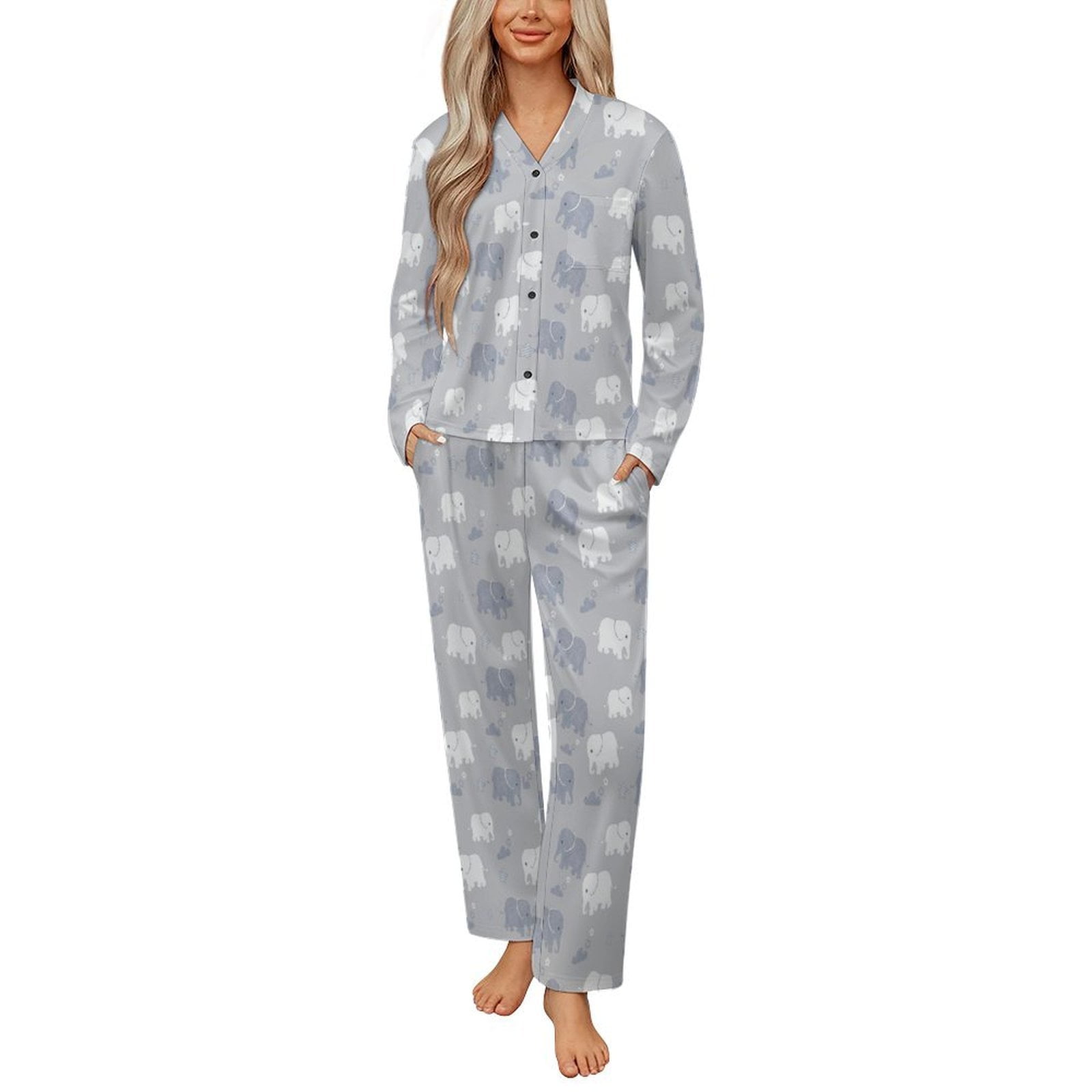 Cartoon Elephant Womens Pyjamas Set Button Up Pyjamas Womens with Long ...