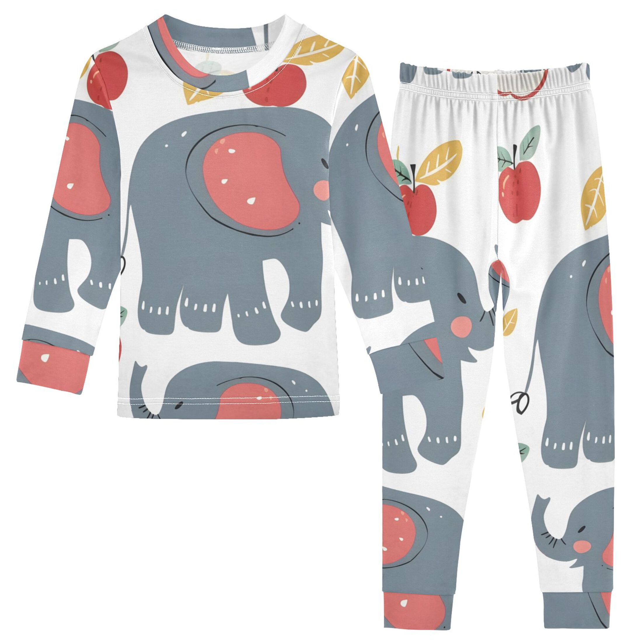 Cartoon Elephants Leaves Fruits Cute Cotton Pajama Set Long Sleeve Top ...