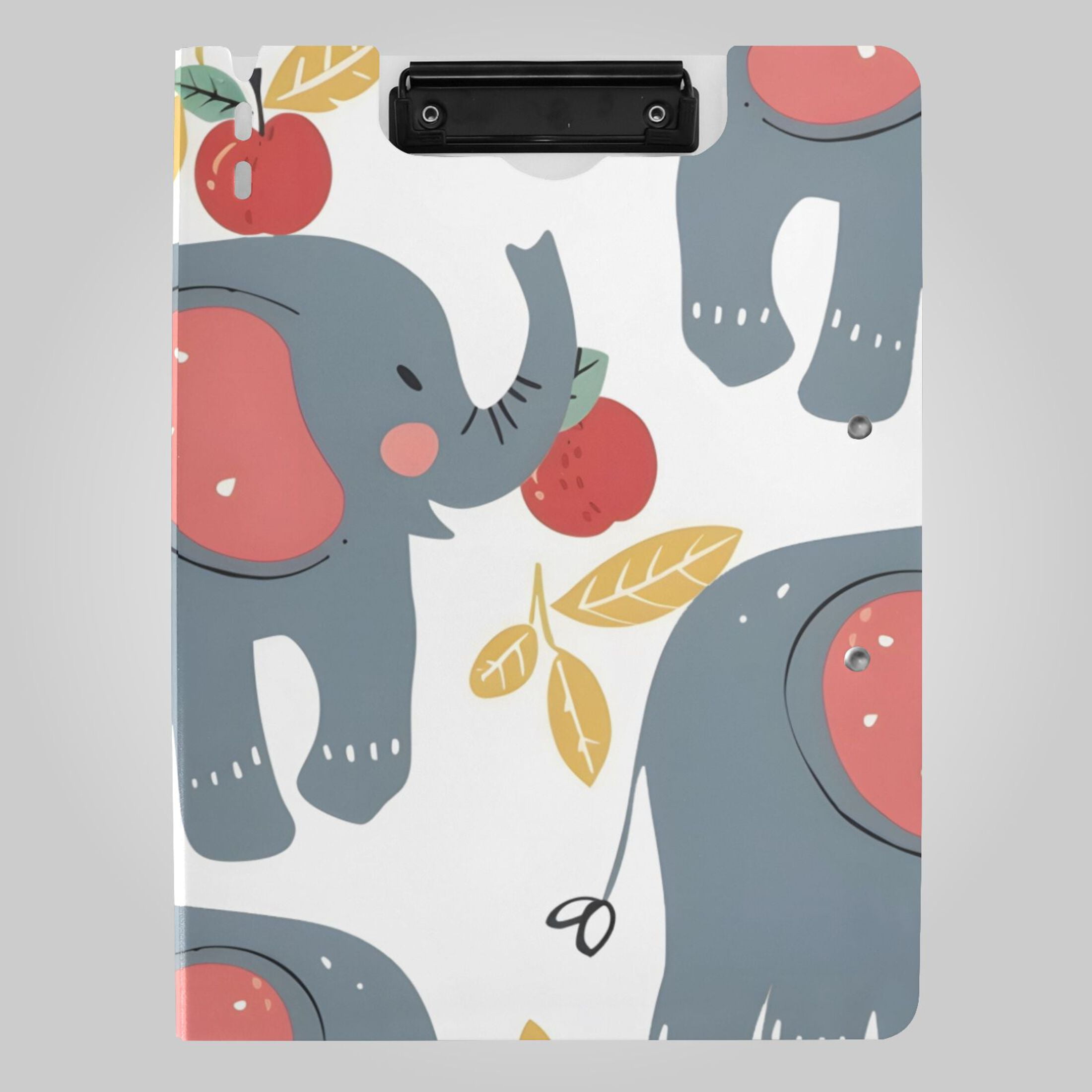 Cartoon Elephants Leaves Fruits Cute Foldable Binder Folder Clipboard with Pen Slot Double Clips ...