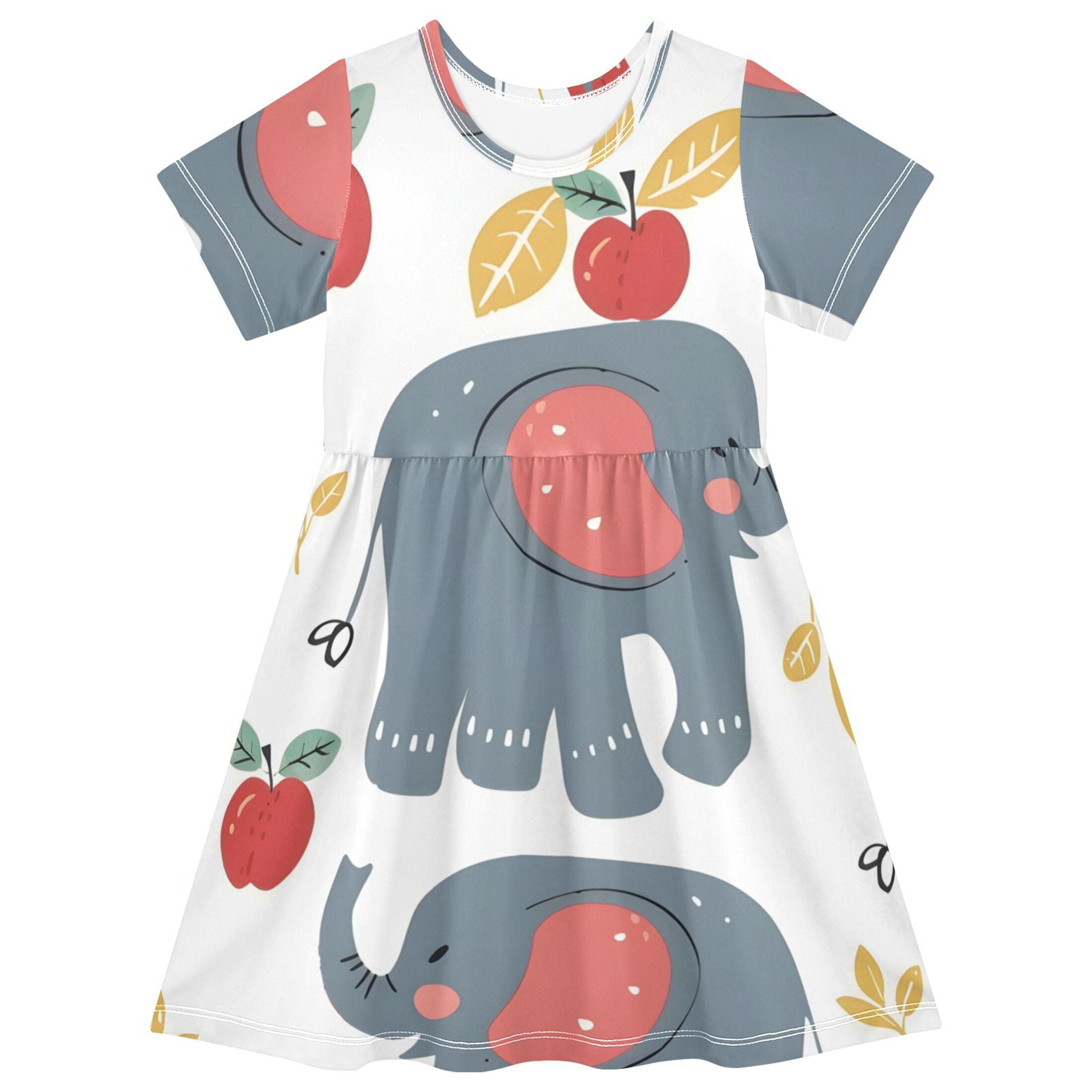 Cartoon Elephants Leaves Fruits Cute Girls' Short Sleeve Dress A-Line One-Piece Dress UPF 50 ...