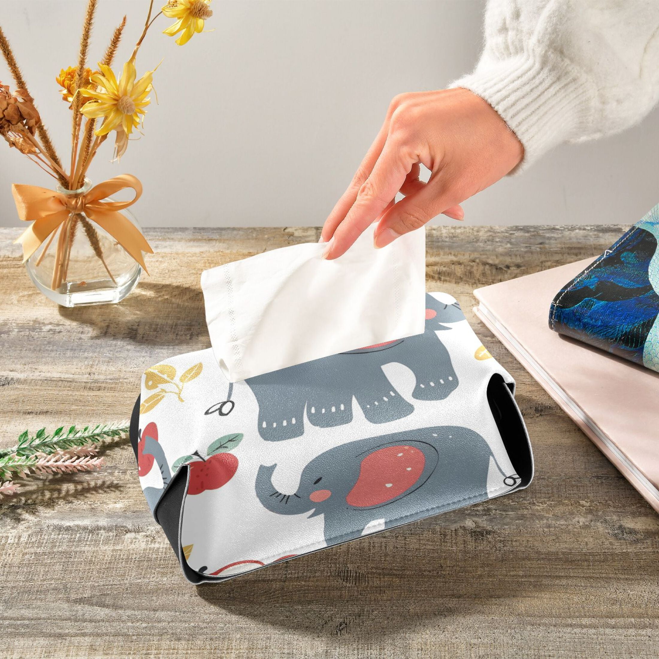 Cartoon Elephants Leaves Fruits Cute Leather Tissue Box Cover Rectangle ...