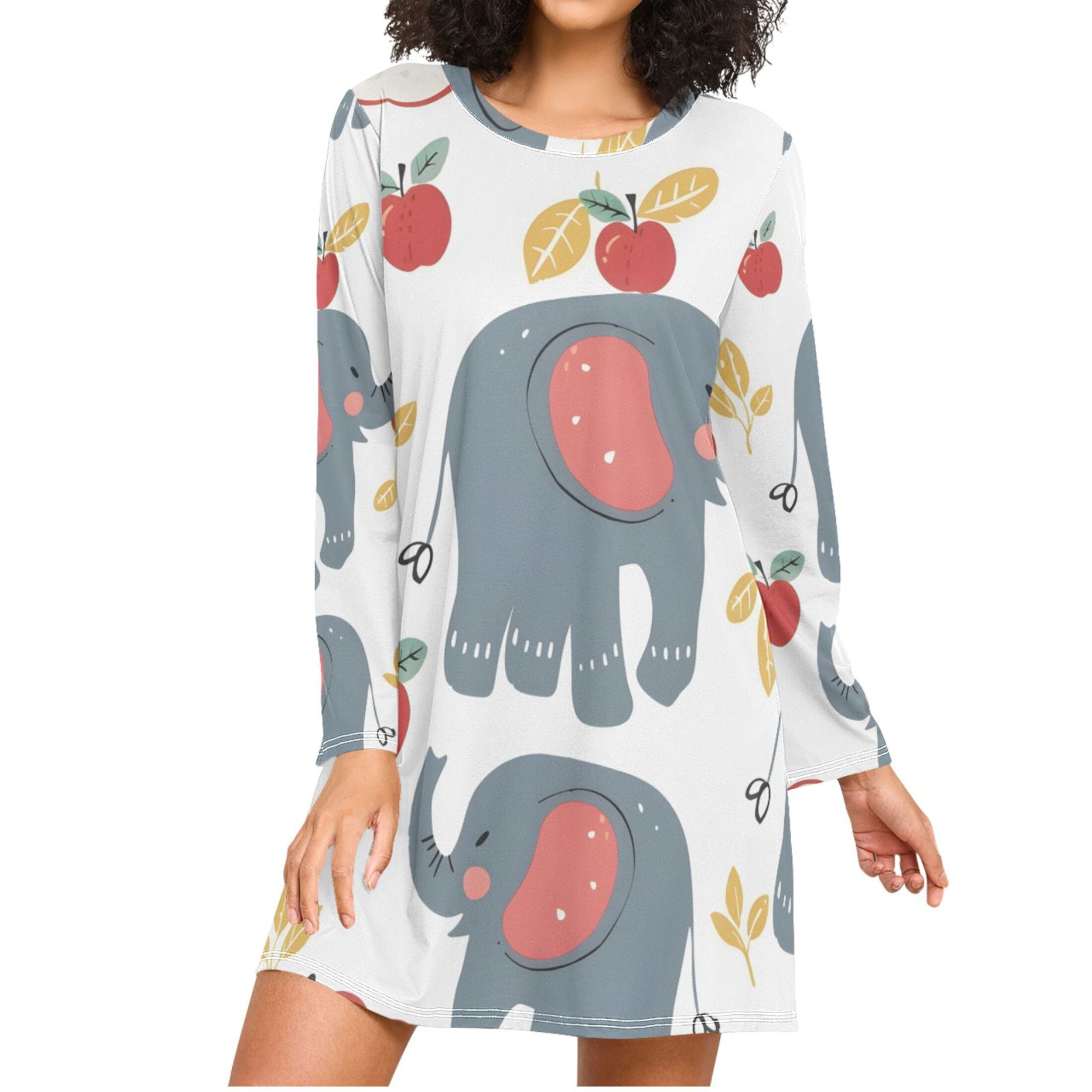 Cartoon Elephants Leaves Fruits Cute Women's Long Sleeves Nightgowns ...