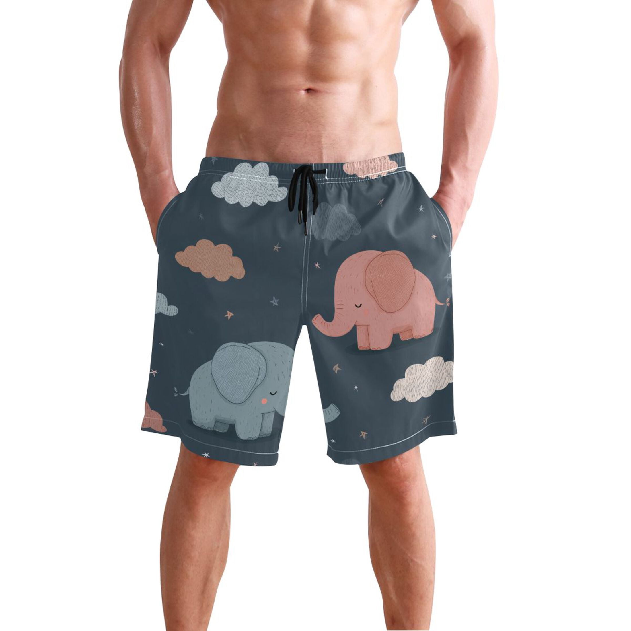 Cartoon Elephants with Stars Clouds Men's Swim Trunks Beach Shorts ...