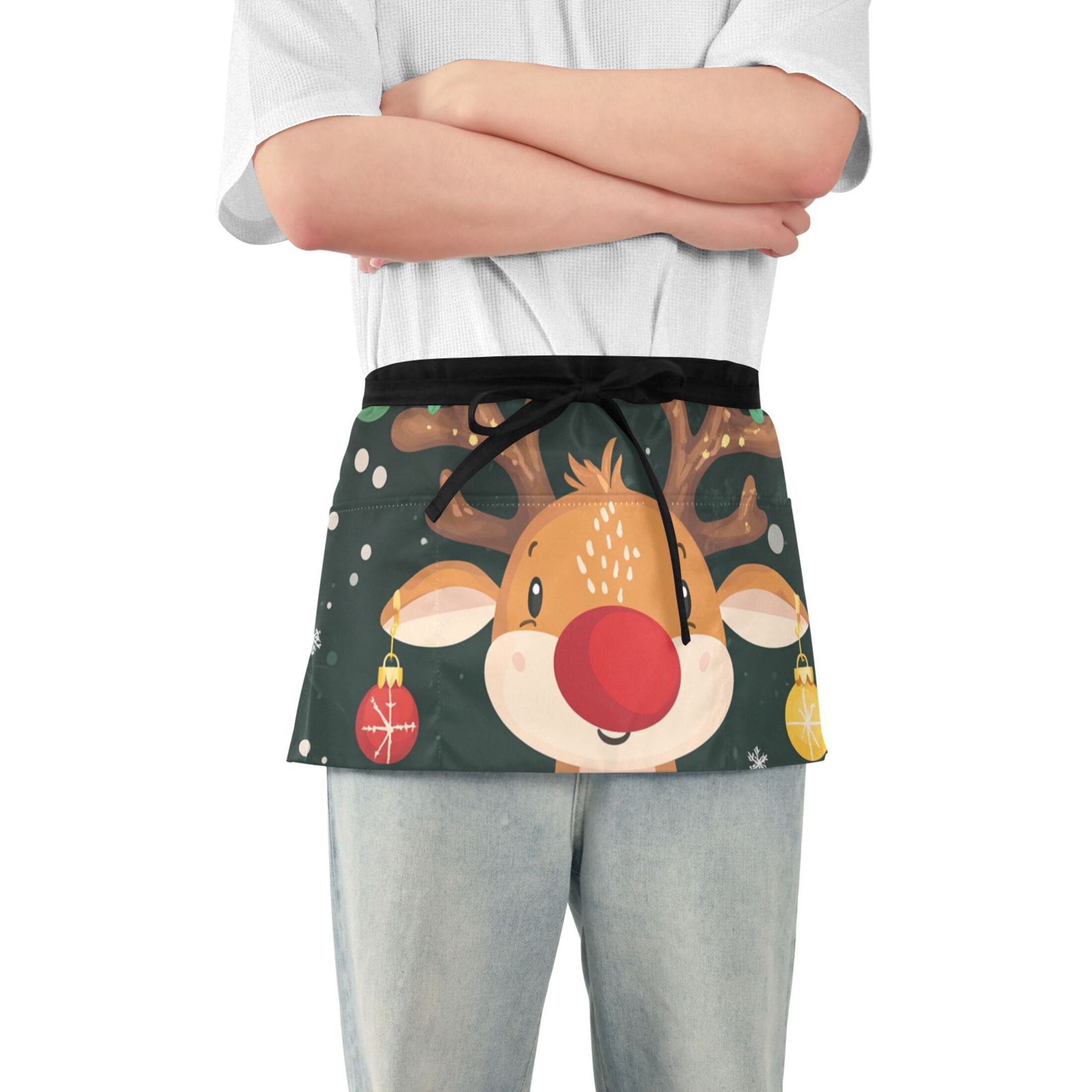 Cartoon Elk in Christmas Short Server Apron with 3 Pockets for Unisex ...