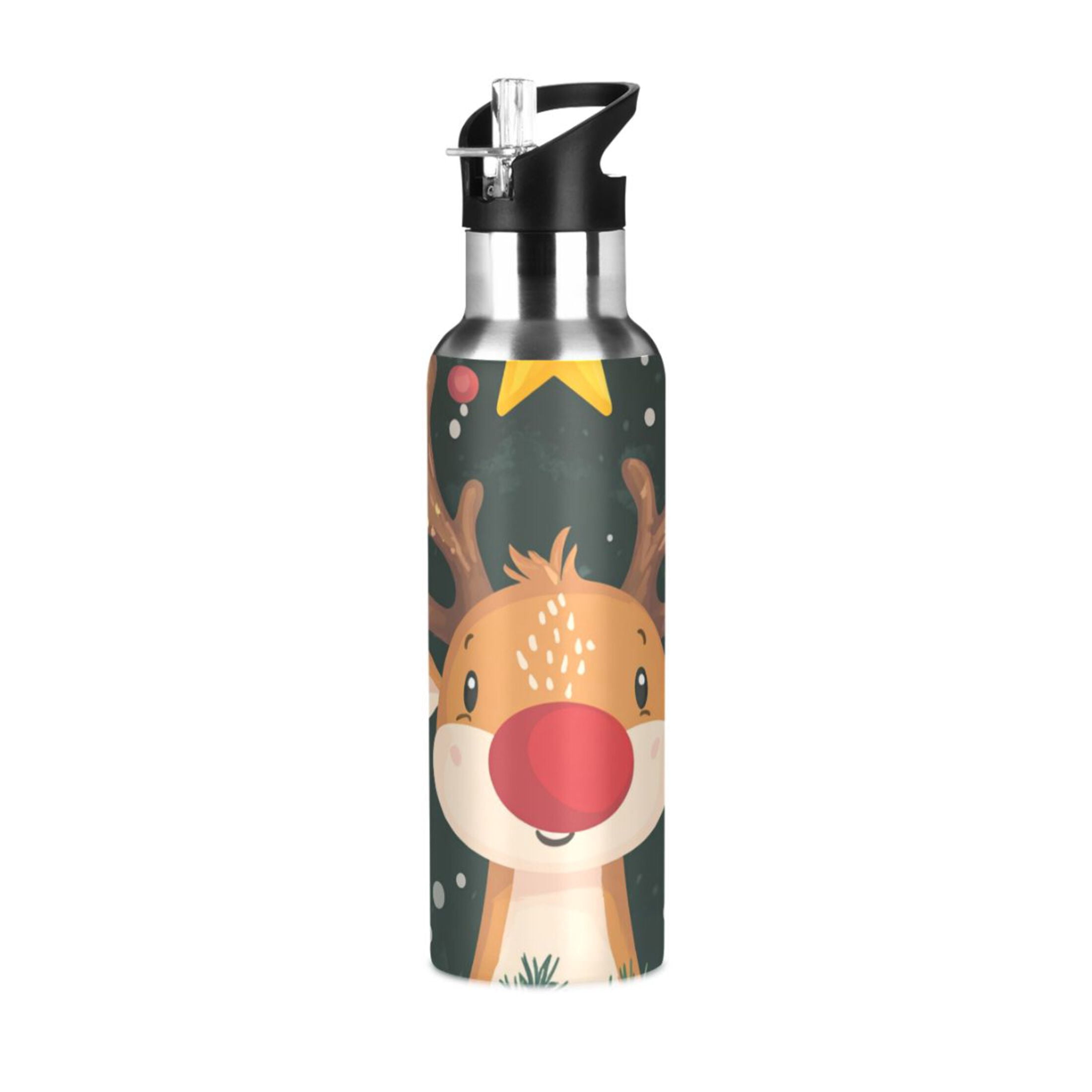 Cartoon Elk in Christmas Sports Bottle with Straw Stainless Steel Water ...