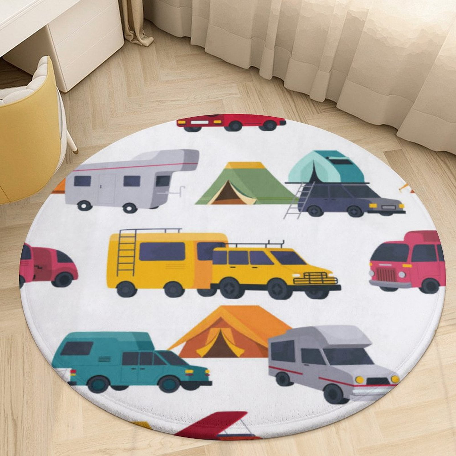 Cartoon Engineering Car Camping Round Area Rugs for Bedroom Living Room ...