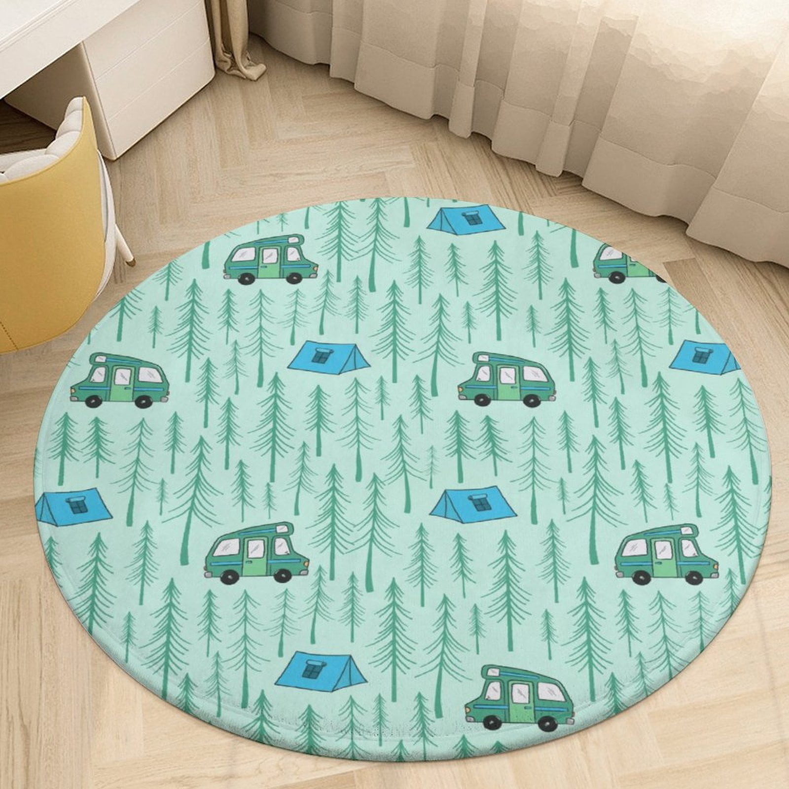 Cartoon Engineering Car Camping Round Area Rugs for Bedroom Living Room ...