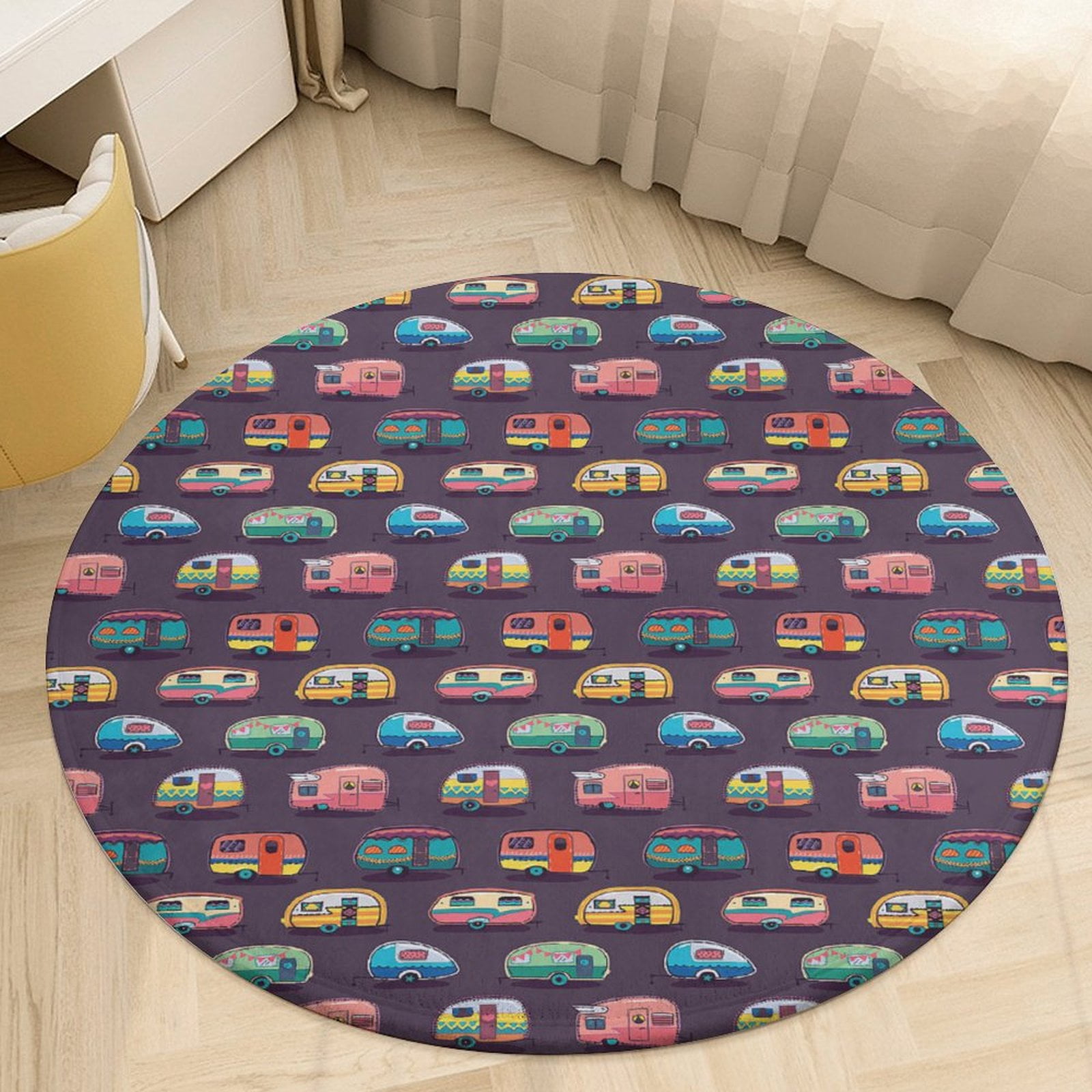 Cartoon Engineering Car Camping Round Area Rugs for Bedroom Living Room ...