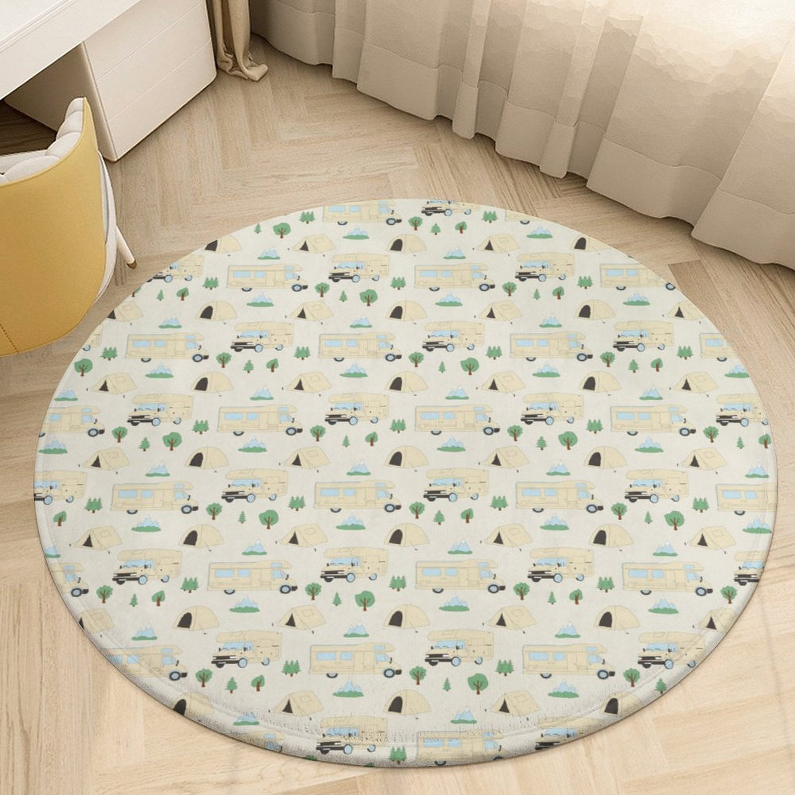 Cartoon Engineering Car Camping Round Area Rugs for Bedroom Living Room ...