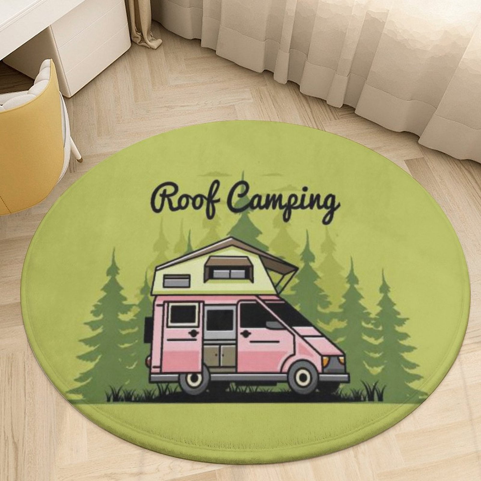 Cartoon Engineering Car Camping Round Area Rugs for Bedroom Living Room ...