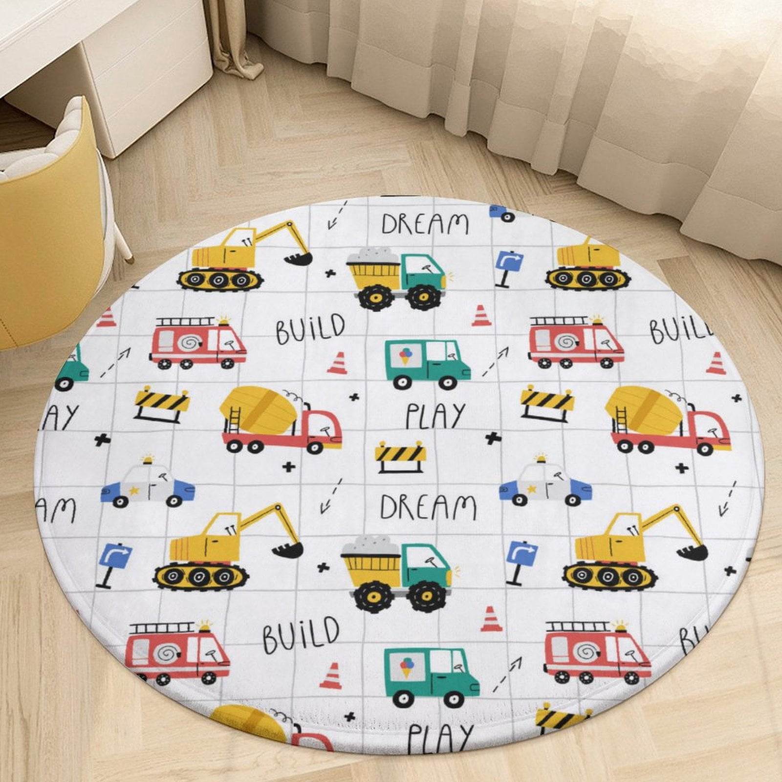 Cartoon Engineering Car Round Area Rugs for Bedroom Living Room, 3FT ...