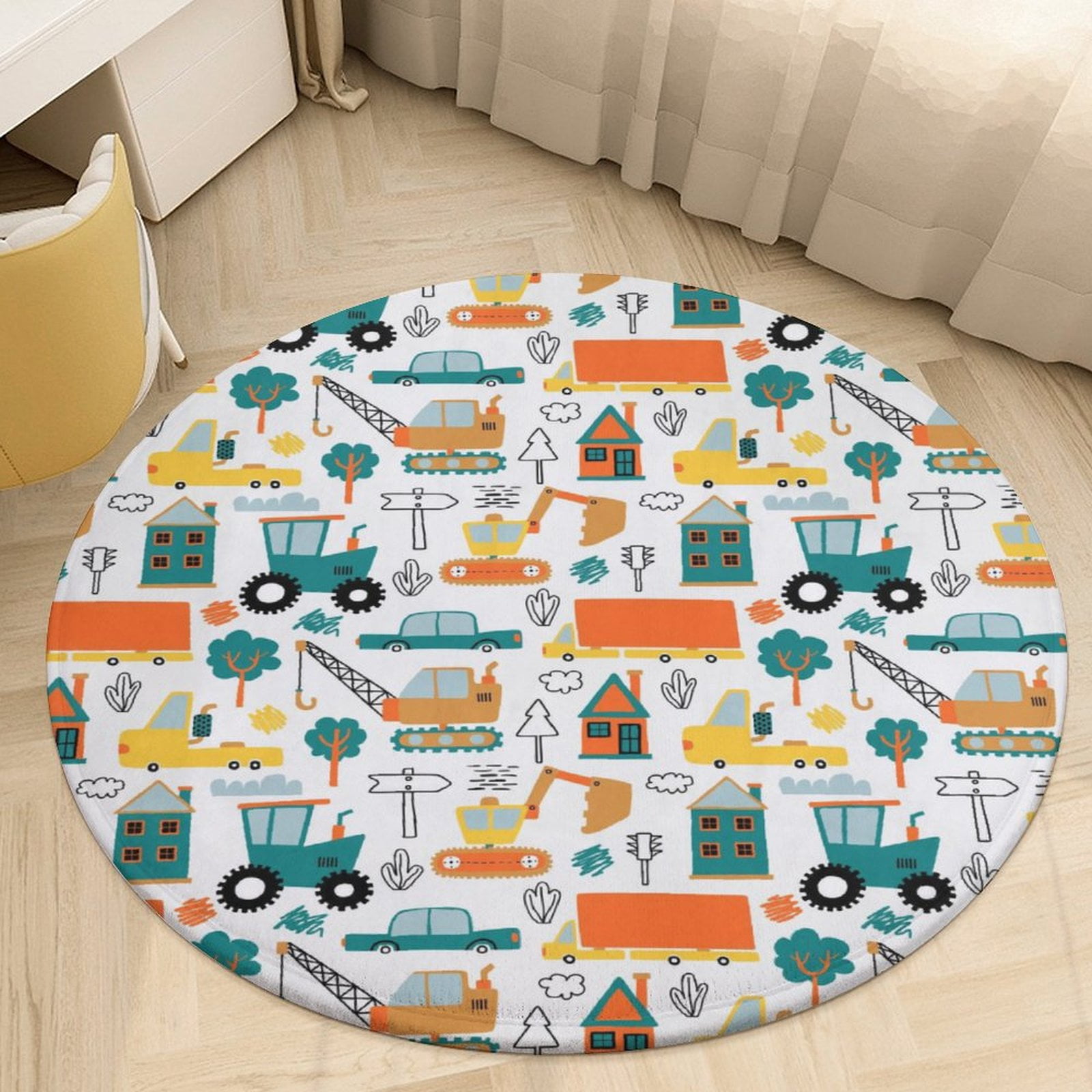 Cartoon Engineering Car Round Area Rugs for Bedroom Living Room, 5FT ...