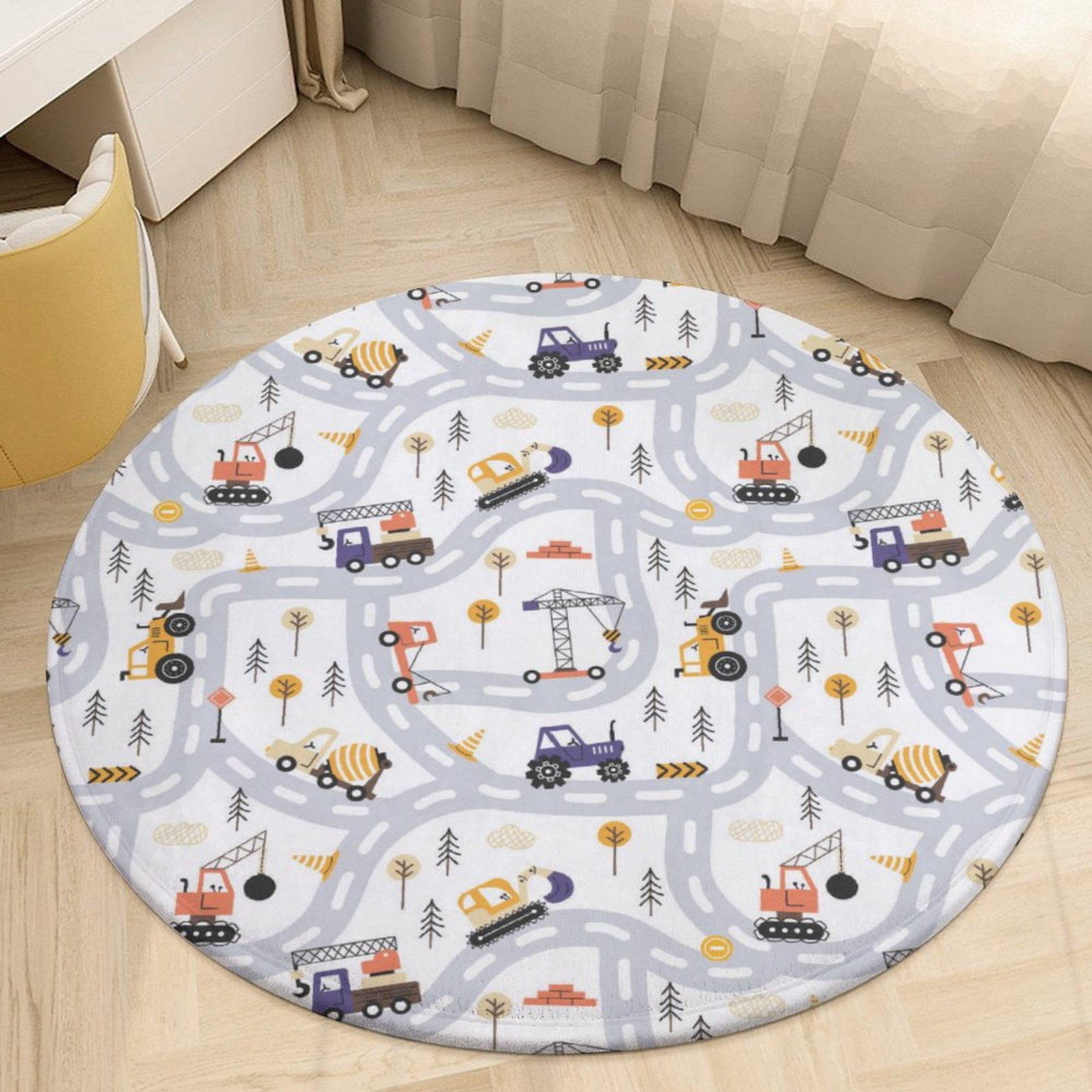 Cartoon Engineering Car Round Area Rugs for Bedroom Living Room, 6FT Soft Indoor Circle Carpets ...